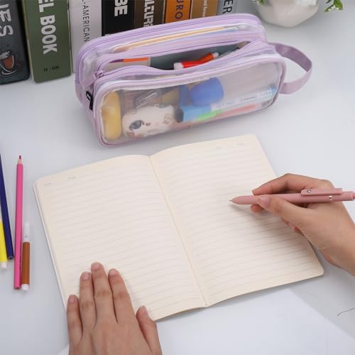 JIANTA Mesh Pencil Case, Large Clear Pen Pouch with Zipper and 2 Compartments, Makeup Cosmetics Bag Stationery Storage Bag for Home, Office, School, Purple
