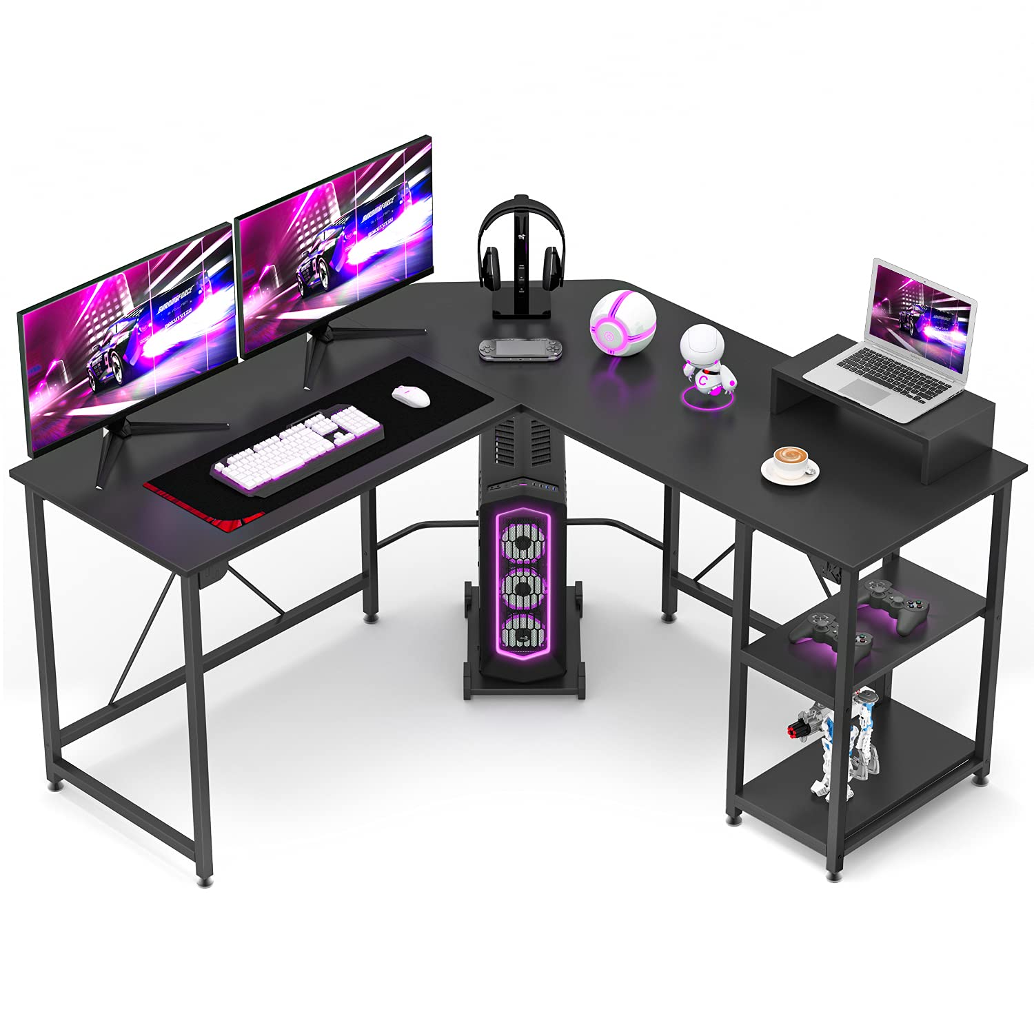 GIKPAL Desk with Drawer, Home Gaming Desk, Office Writing Workstation with Storage Shelves, Space-Saving, White