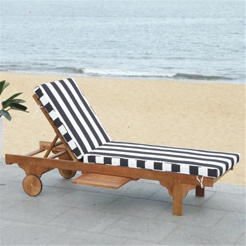 SAFAVIEH Outdoor Collection Newport Natural/ Black & White Stripe Cushion Built-in Side Table Adjustable Chaise Lounge Chair