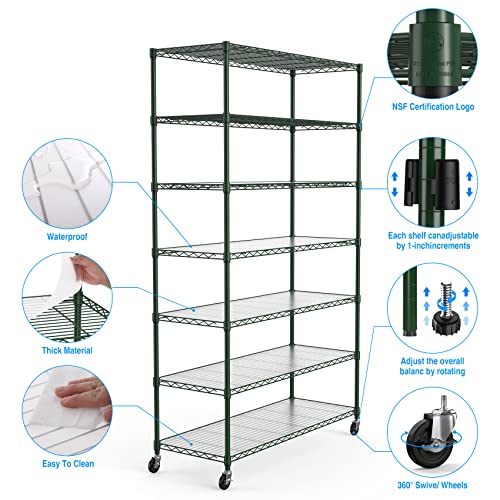 pouseayar Wire Shelving Unit, 7 Tier NSF Metal Shelf 2450lbs Capacity Heavy Duty Adjustable Storage Rack with Wheels & Shelf Liners for Kitchen Garage Basement, 82" H x 48" L x 18" D Green
