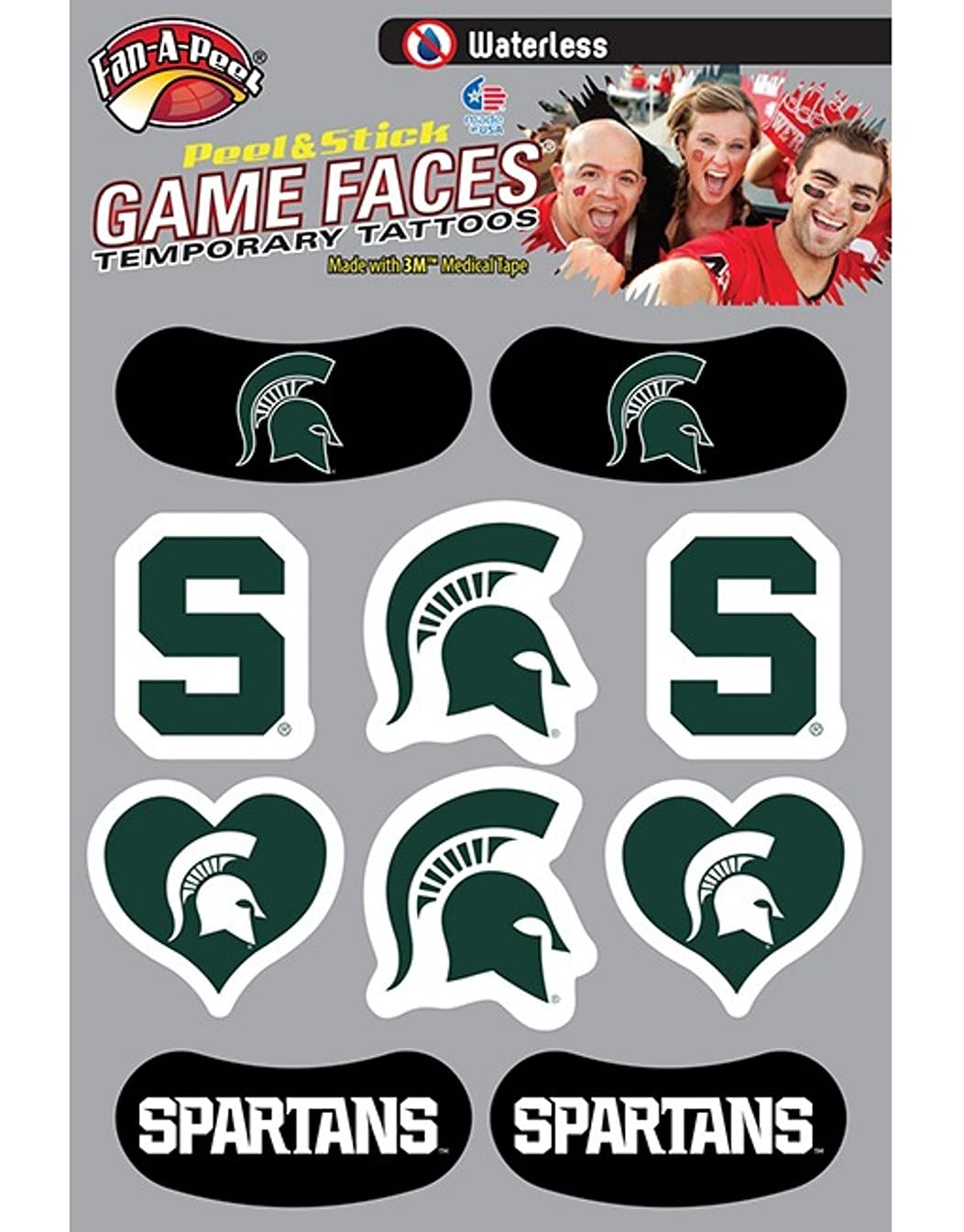 Fan A Peel Michigan Tattoos โ Waterless Peel & Stick Temporary Tattoos โ 10-Piece Combo โ 6 Spirit Tattoos & 4 Eye Strips, Green