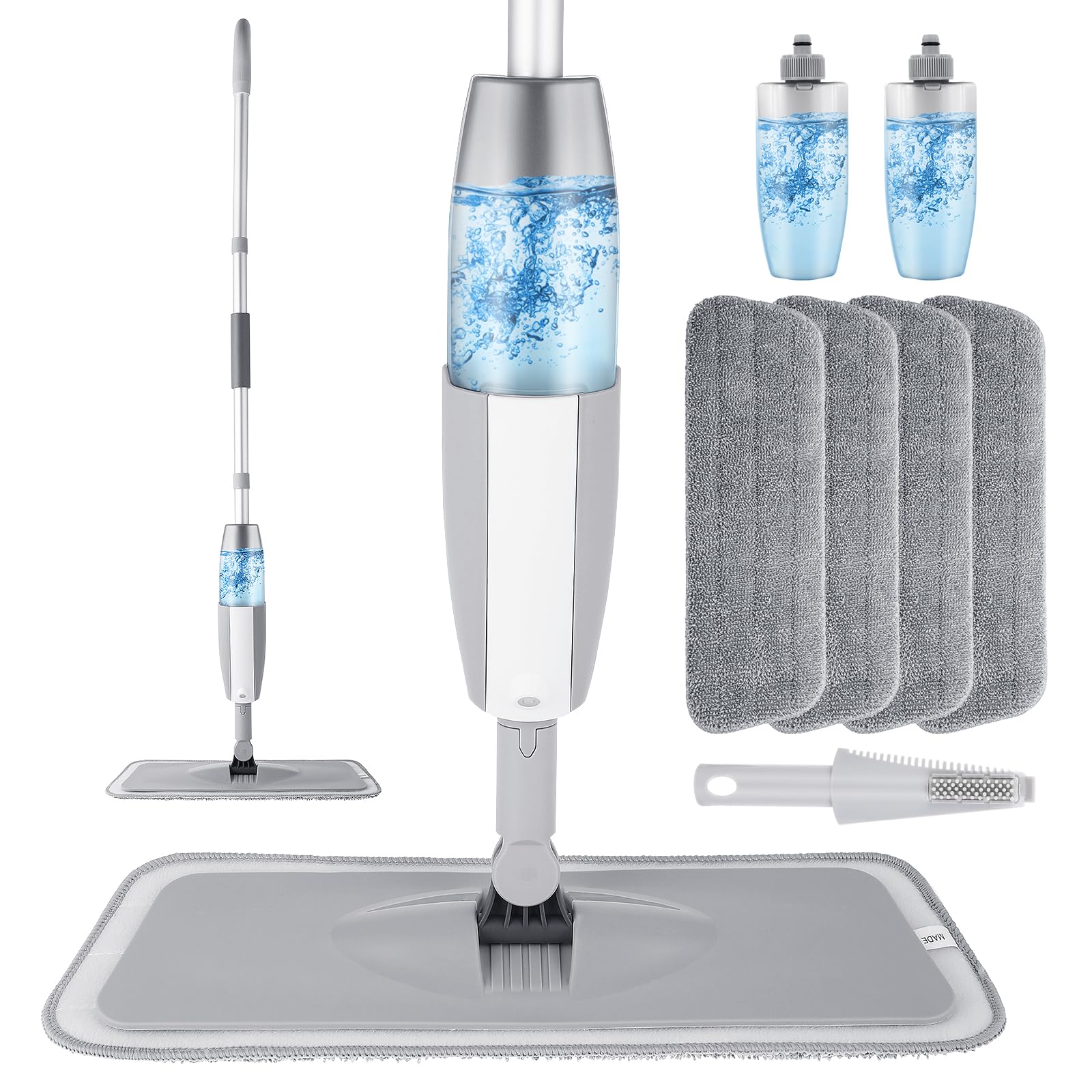 Tobeelec Spray Mop for Floor Cleaning, Microfiber Floor Mop Dry Wet Mop for Laminate Tile Ceramic Hardwood Wooden Vinyl with 4 Reusable Pads & 2 Refillable Bottle & 1 Scraper(Gray)