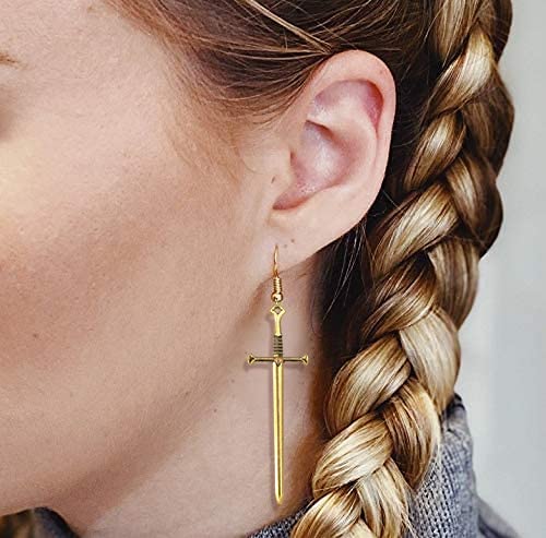 Gothic Vintage Silver Sword Cross Dangle Hook Earrings Retro Punk Knife Earrings Jewelry for Women(antique gold)