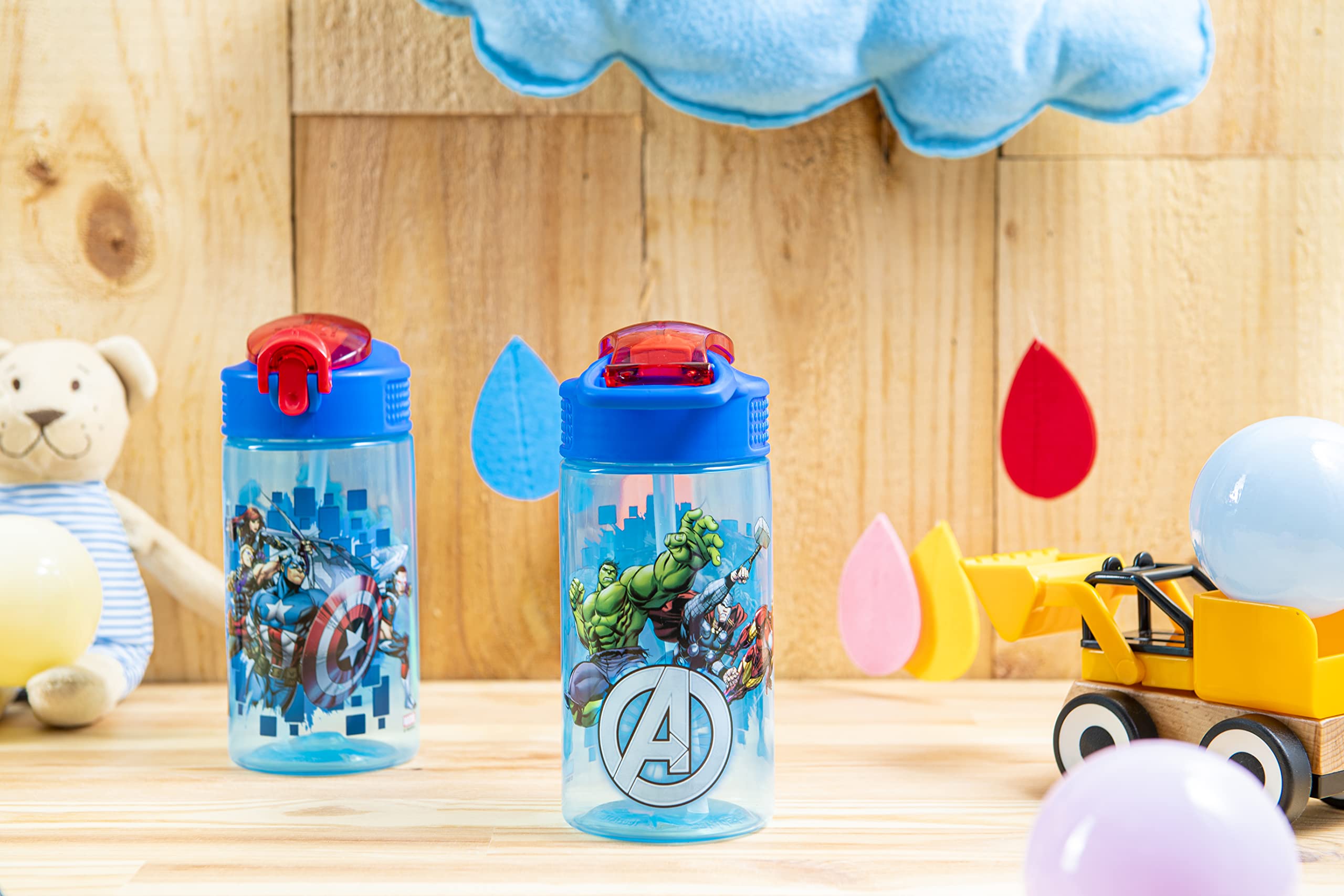 Zak Designs Kids Durable Plastic Spout Cover and Built-in Carrying Loop, Leak-Proof Water Design for Travel, (16oz, 2pc Set), Marvel Avengers