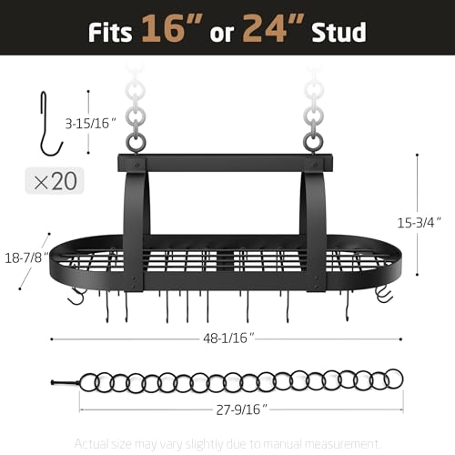 KES 48 Inch Large Hanging Pot Rack, Heavy Duty Oval Pot and Pan Hanging Rack Ceiling Mount, Pot Pan Hangers for Kitchen with 20 Hooks, Matte Black, (For 16" and 24" Stud Mount), KUR225S122-BK