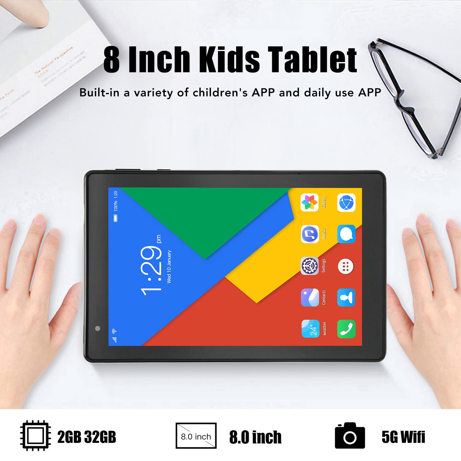 KOSDFOGE 8-inch Kids Tablet with Android 10, 2GB RAM, 32GB Storage, 128GB Expandable Memory, Dual SIM Dual Standby, Dual Camera, and 4500mAh Lithium Battery(Green)