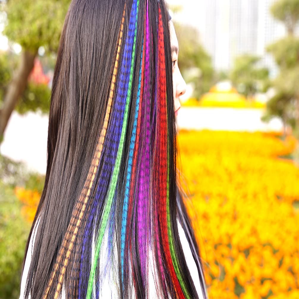YUDAOHAIR Synthetic Feather Hair Extensions for Women 16 Inch Hairpieces With100pcs Silicone Micro link Beads And 2 Crochet Hooks Hair Feathers with Tools Kit (16'', 12 feather mix colors)