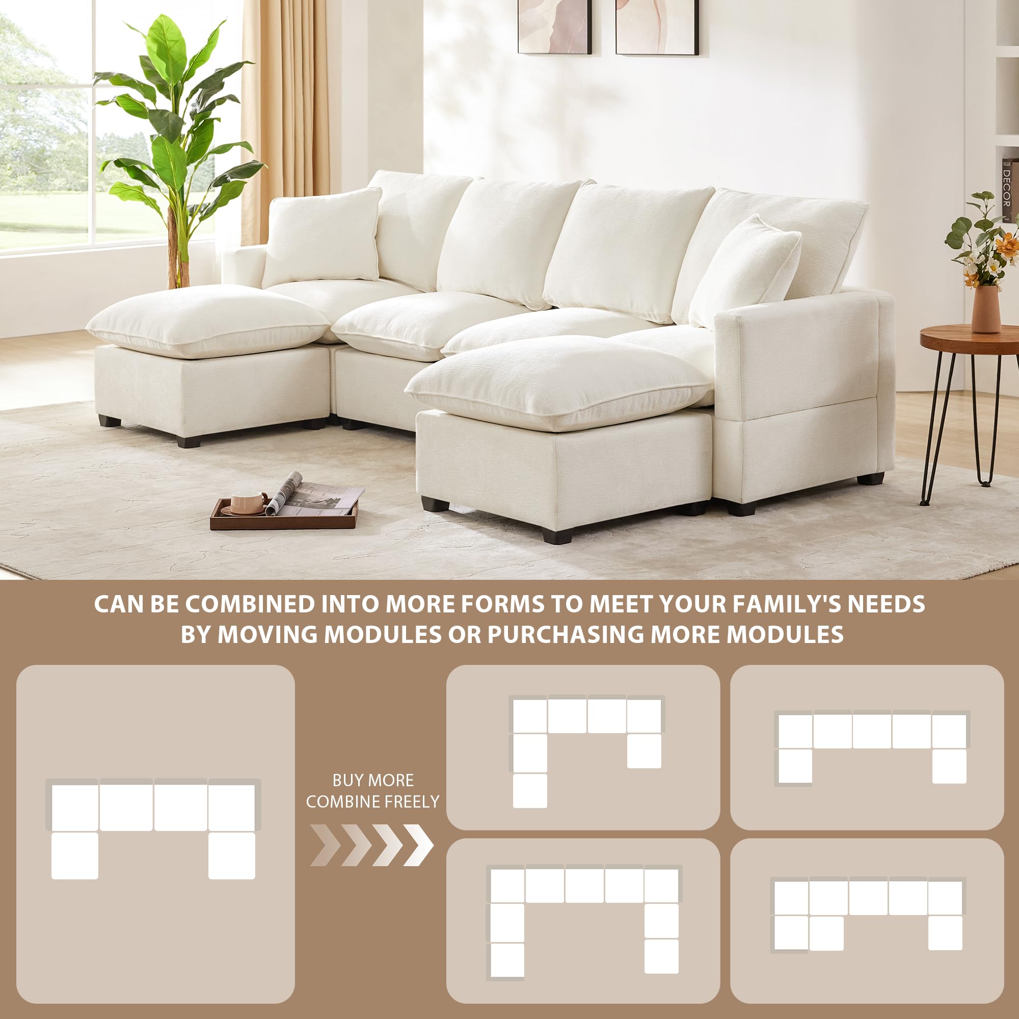 Tmsan Chenille Sectional Sofa Cloud Couch for Living Room, 110" Modern U Shaped Comfy 4 Seater Modular Sofa with Chaise Lounge & 2 Pillows for Bedroom Apartment Office