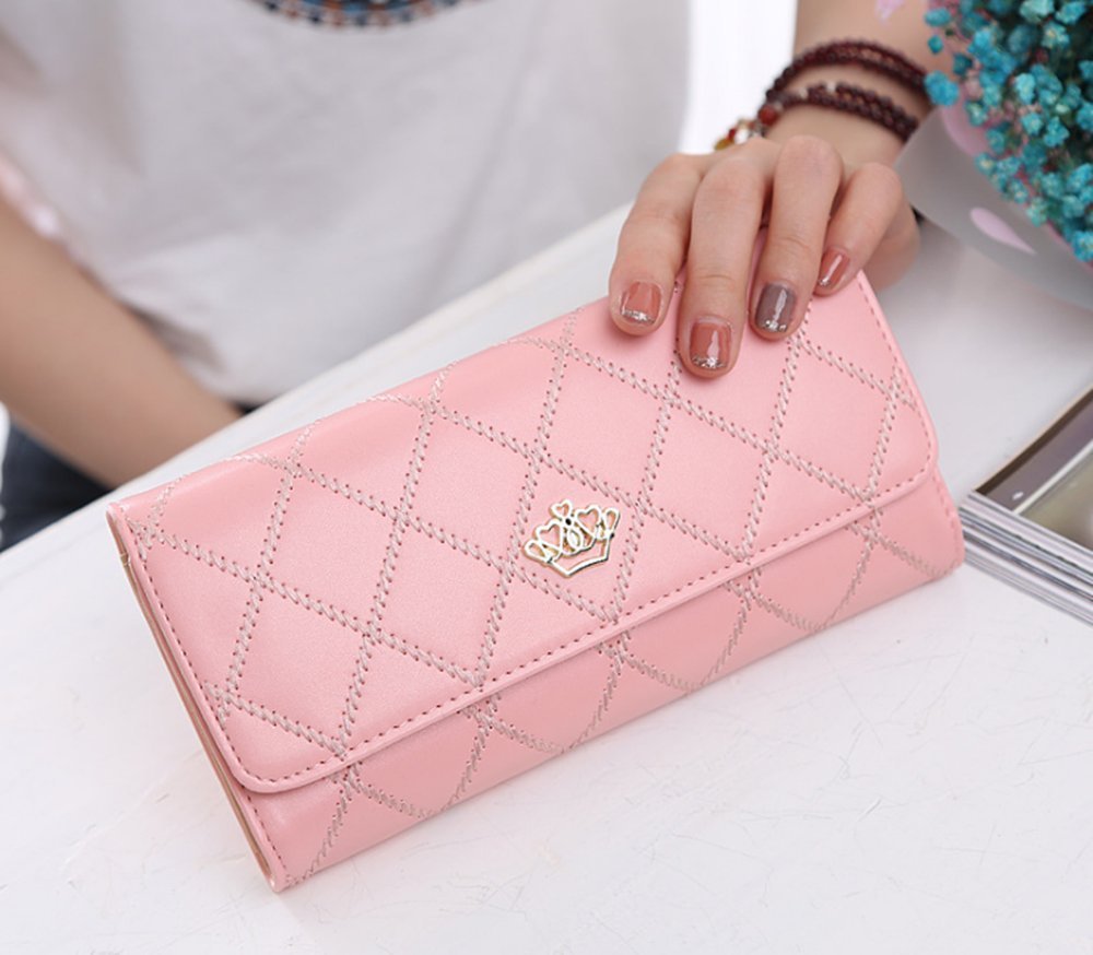 Todd Grace Fashion Ladies Purse Elegant Clutch Crown Wallet Long Wallet Leather Wallet (Pink)