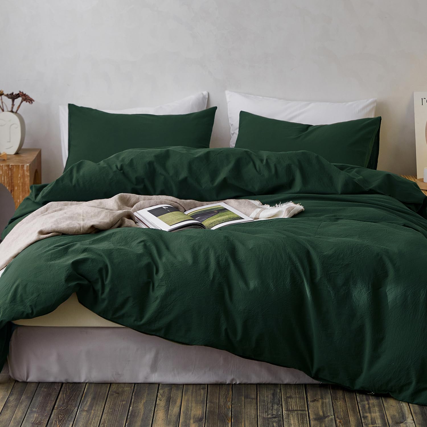 TOCOMOA Duvet Cover Set King Size, 100% Washed Cotton Like Linen Textured, 3 Piece Dark Green Bedding Set Soft Breathable, Ideal for Sweating Groups, Simple Style Farmhouse Comforter Cover