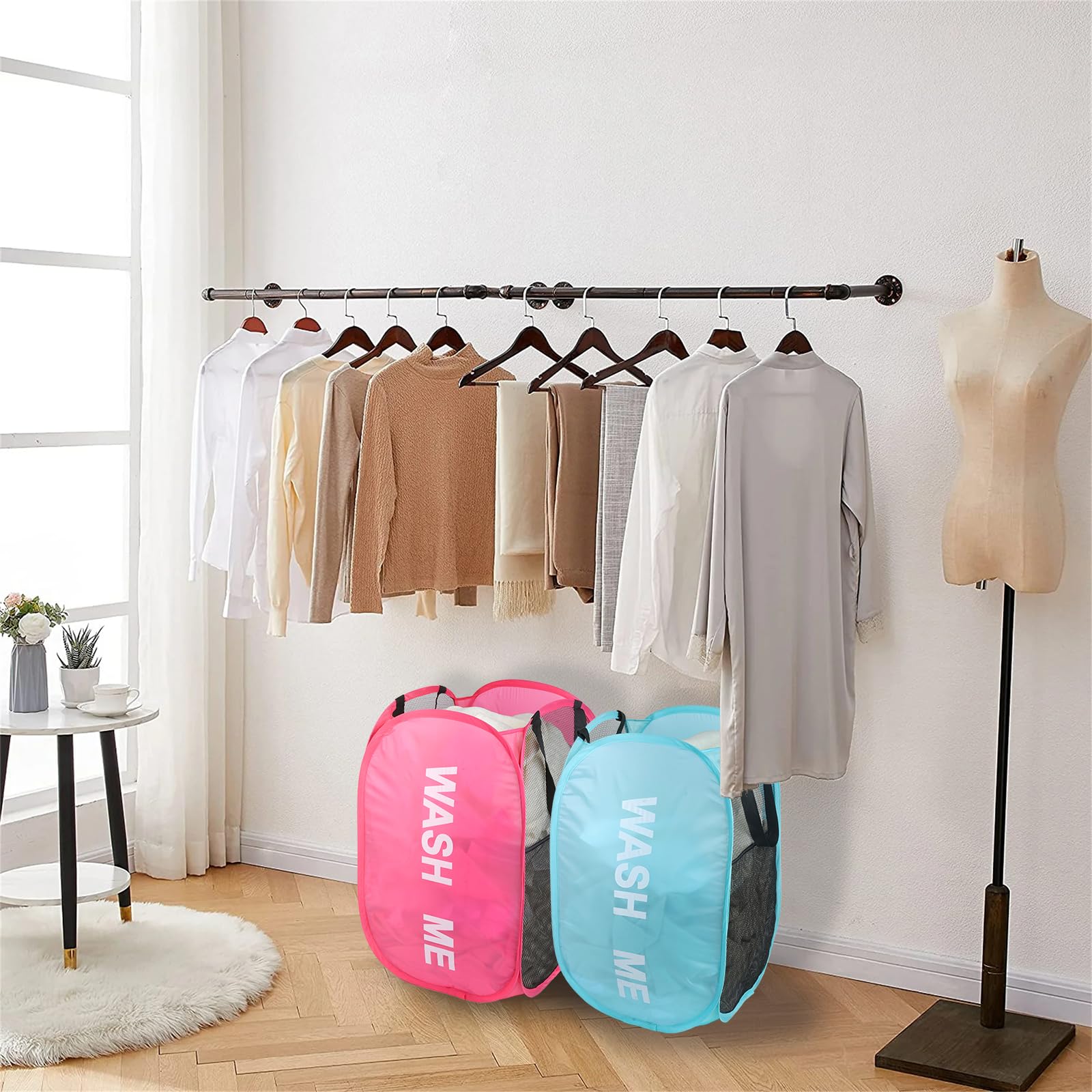 podafu 2 Pack Collapsible Kids Laundry Basket With Handles Mesh Pop Up Laundry Hamper for Bedroom, Dorm ,Travel or Camper (Pink + Blue)