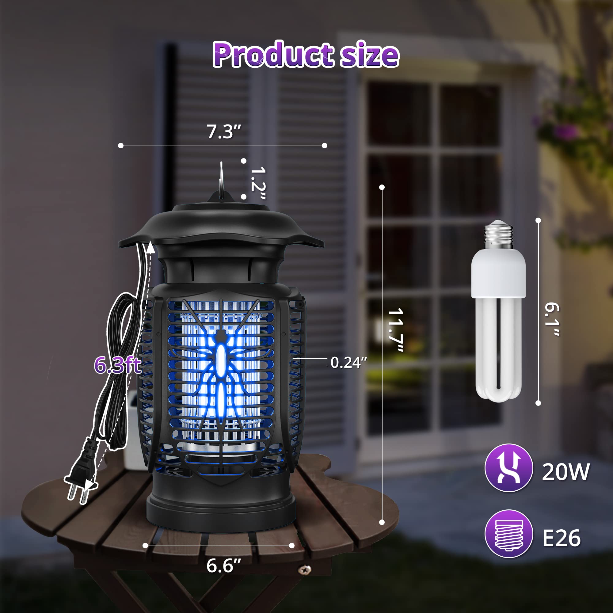 POWIFY Bug Zapper Outdoor, Electric Mosquito Zapper with 6.3ft Power Cord, 20W 4300V High Powered Fly Zapper, Insect Fly Trap, Indoor Mosquito Killer for Home Indoor Backyard Patio