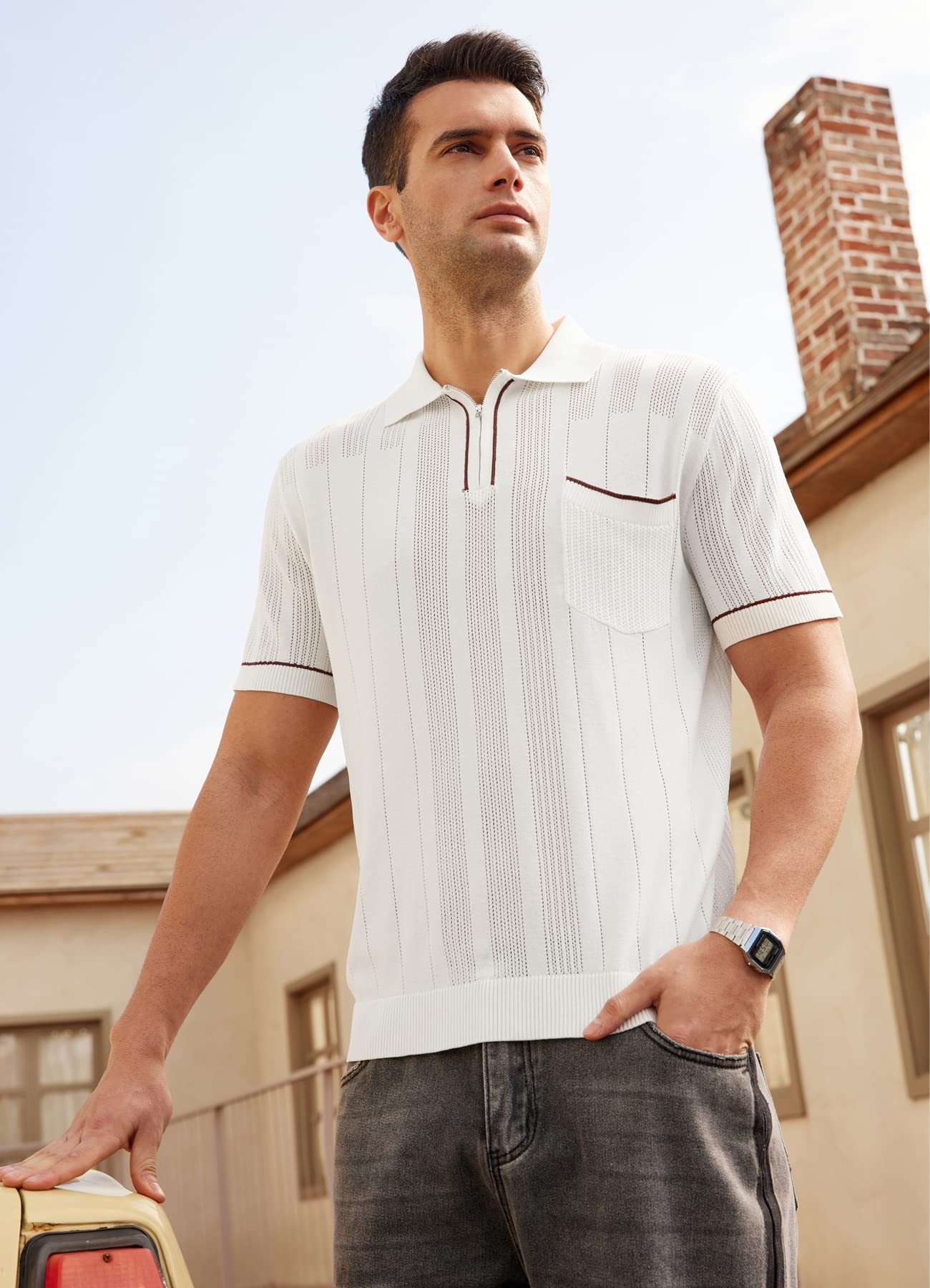 GRACE KARIN Mens Fashion Hollow Out Polo Shirts Lightweight Knitting Shirts White