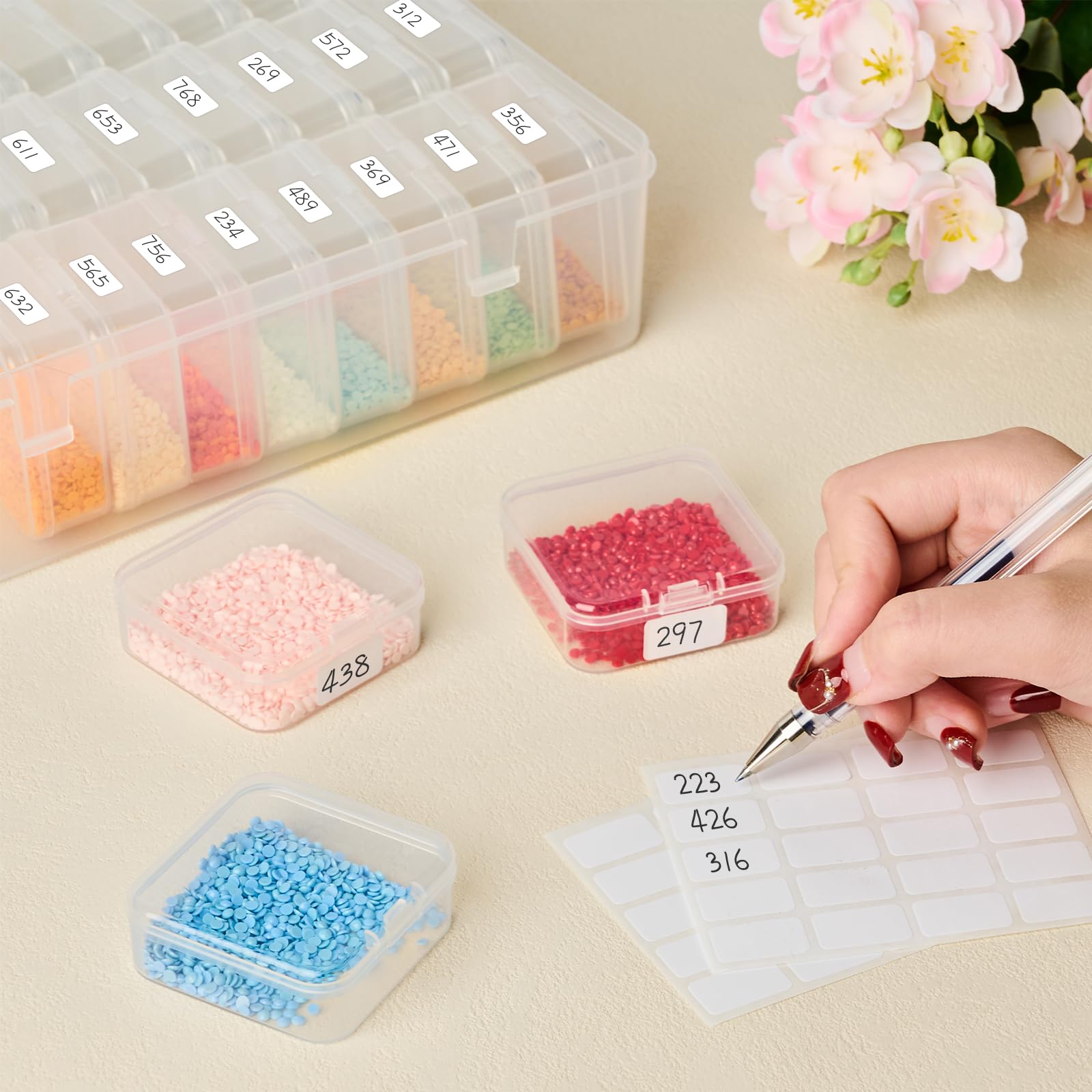 Mauproy Bead Organizer Box, 31 Pcs Small Clear Plastic Bead Storage Cases, Mini Rectangle Storage Containers with Hinged Lids and Labels for DIY Art Craft Jewelry Bracelet Making