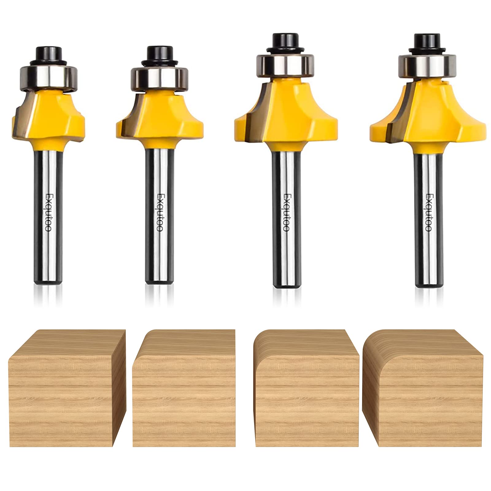 Exqutoo 1/4-Inch Shank Roundover Edging Router Bit Set, Corner Rounding Edge Forming Bit, Woodworking Milling Cutter Tools, 1/8", 1/4", 3/8", 1/2" Round Radius (4 Pcs), for Router Table Accessories