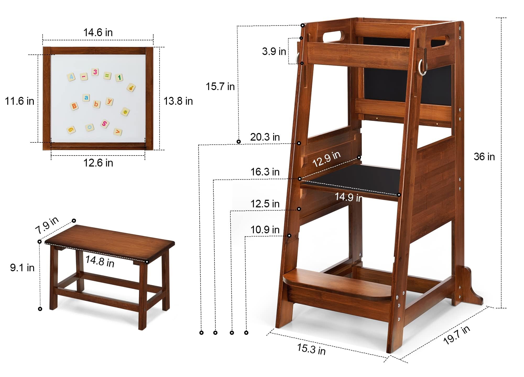 TOETOL Bamboo Toddler Step Stool Learning Kitchen Stool Standing Tower for Toddler Kitchen Counter Helper Stool 3 Height Adjustable with Activity Chalkboard and Whiteboard Message Boards,Non-Slip Mat