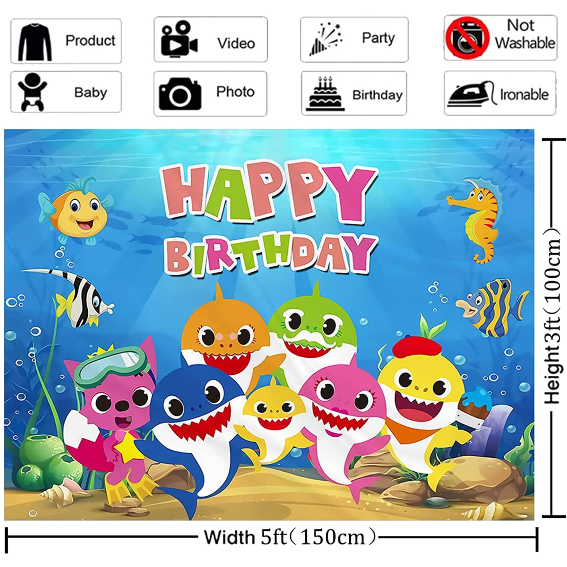 FUNTON Baby Shark Backdrop, Baby Shark Party Supplies, Baby Shark Birthday Decorations (5x3 FT)β¦