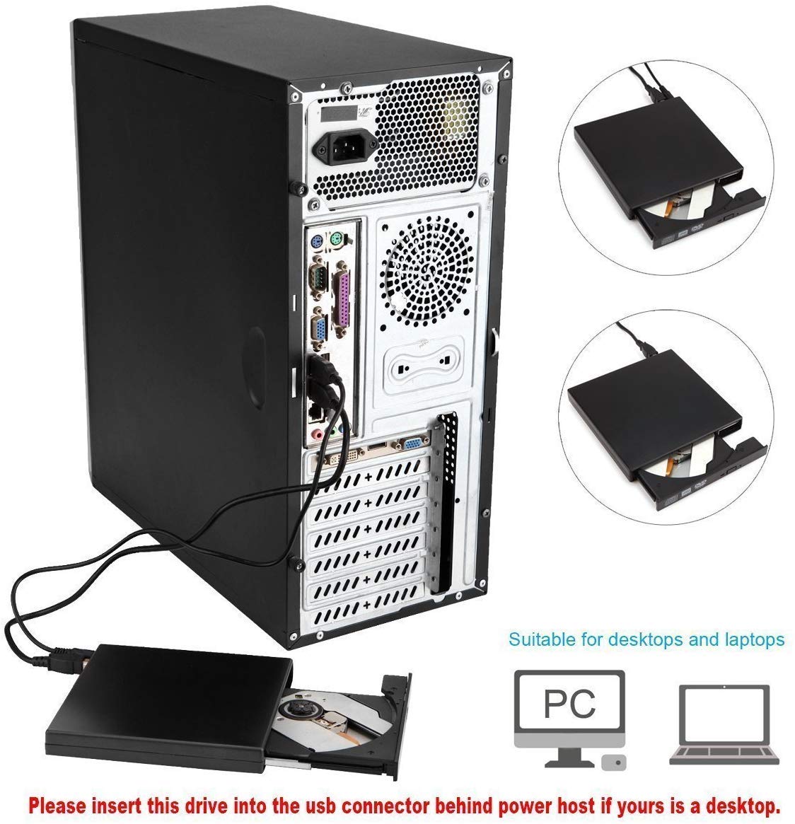 External DVD CD Drive, Ultra Slim Portable CD DVD Burner Player Writer for Laptops Desktops and Notebooks (Including Two Cables)