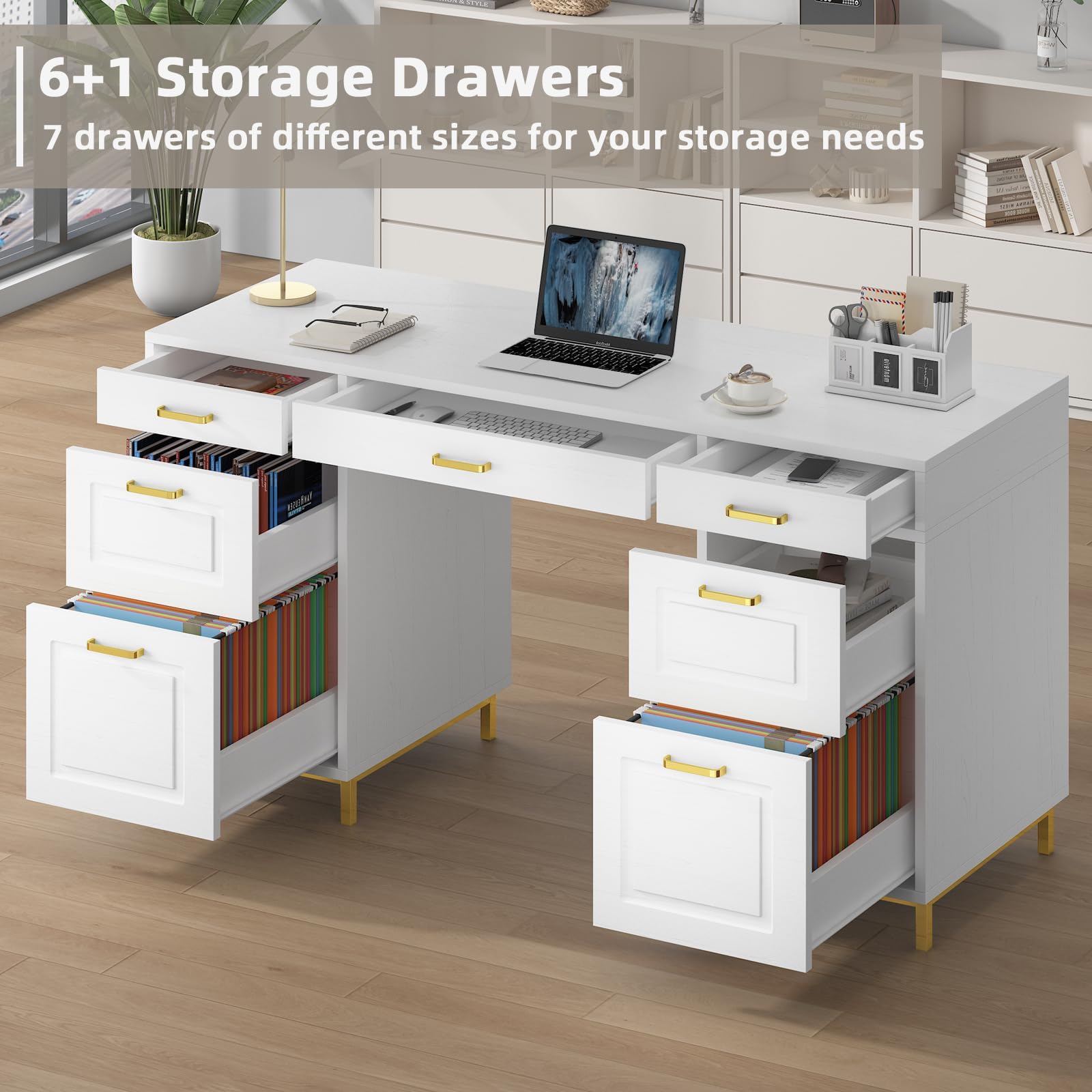 MaverickFurni 57β Executive Desk with 7 Drawers, White Office Desk with Storage Cabinet, File Drawer, Computer Desk for Home Office, Wood Writing Desk, White & Gold