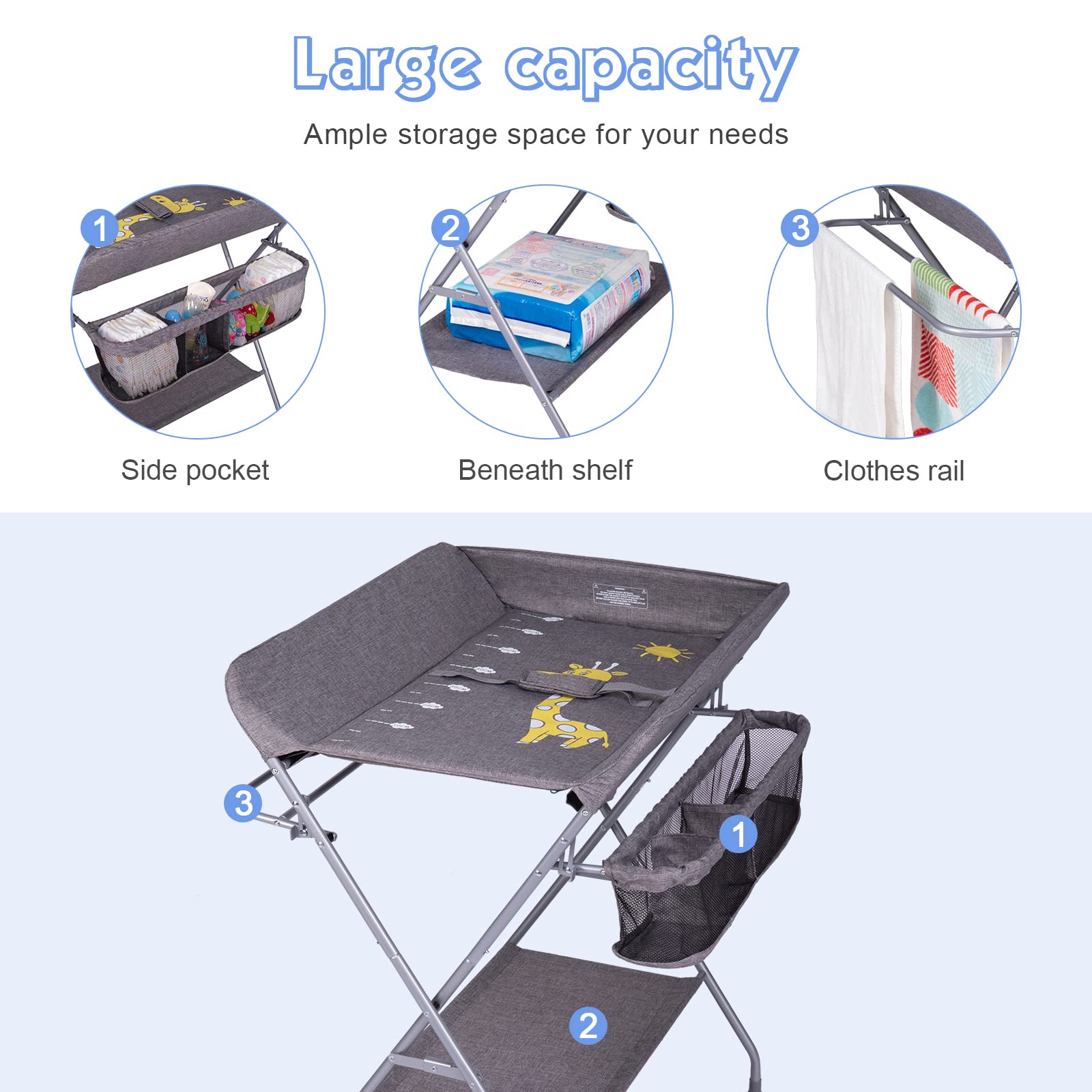 Infant Portable Changing Table - Diaper Station Nursery Organizer with Safe Belt Storage Space, Nursery Furniture Baby Changing Station, Grey