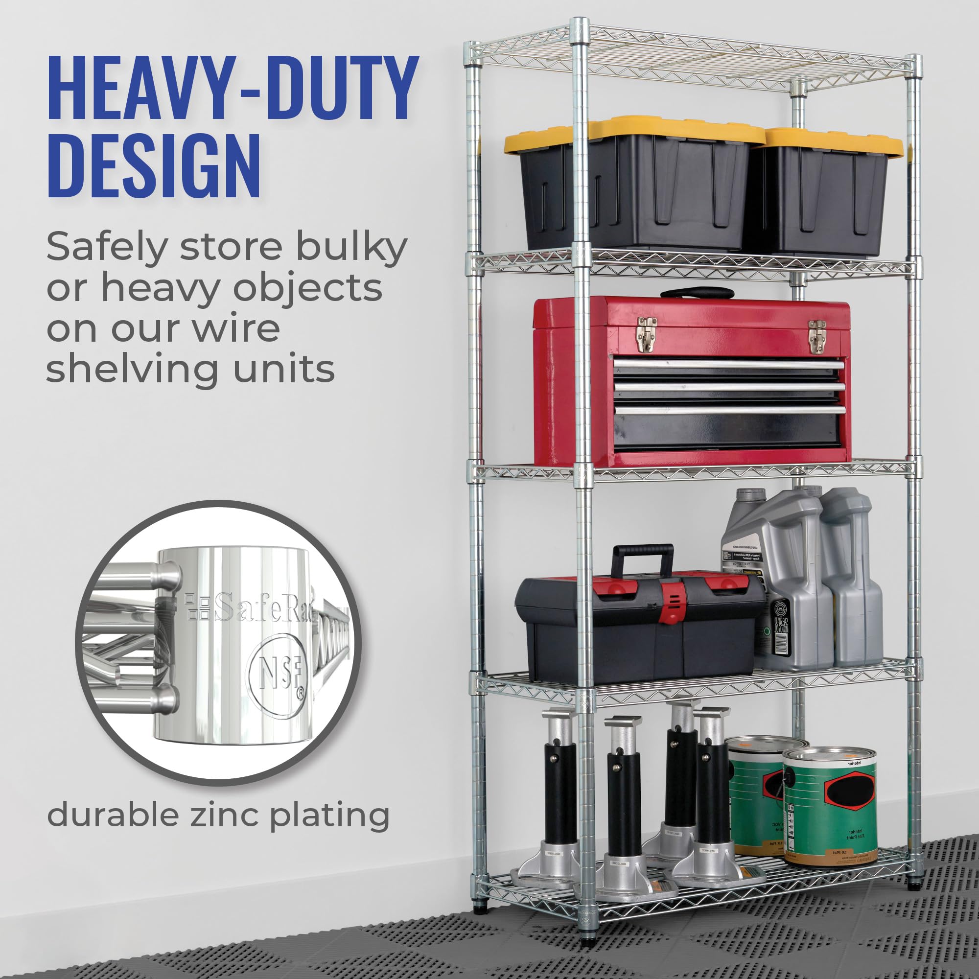 SafeRacks - NSF Certified Storage Shelves, Zinc, Heavy Duty Steel Wire Unit with Adjustable Feet, Garage or Bakers Rack, Kitchen, Pantry Shelf - (14"x30"x60" 5-Tier) (Silver)