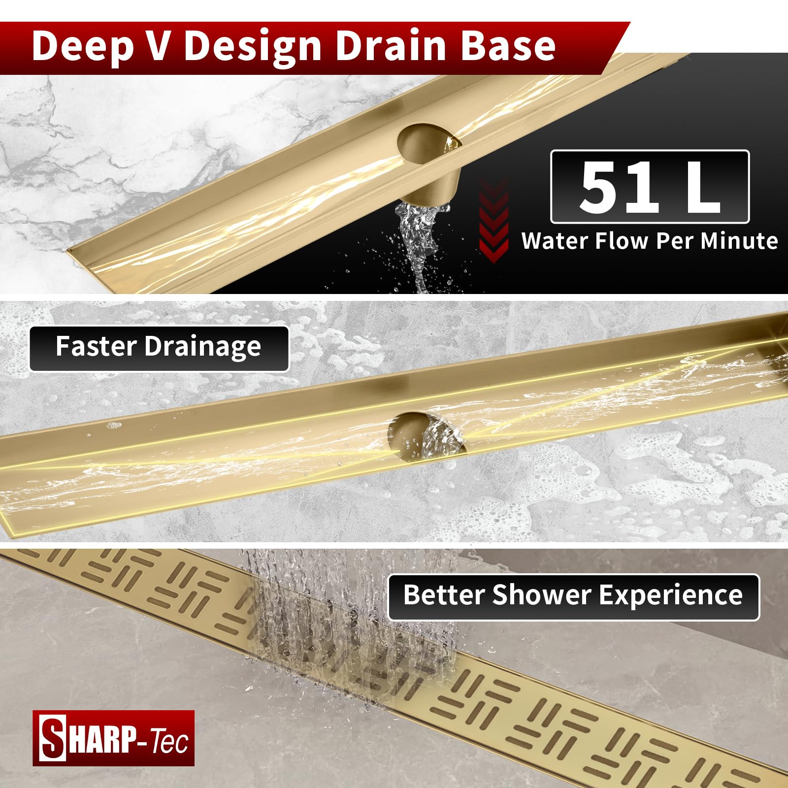 Sharp-tec Shower Drain, 32 inch Linear Shower Drain, Brushed 304 Stainless Steel Rectangular Shower Floor Drain with Adjustable Leveling Feet, Hair Strainer, cUPC Certified, ST-092-32G