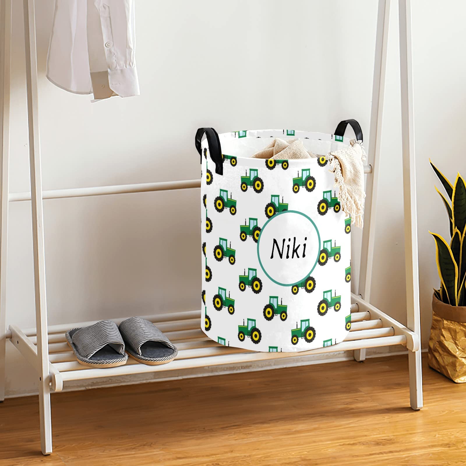Farm Tractor Round Storage Basket Personalized Name Laundry Basket Waterproof Nursery Hamper with Handle for Living Room Bedroom and Clothes