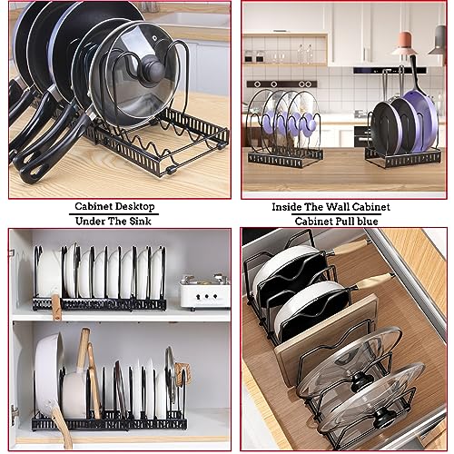 HAOWUJIN Pot And Pan Organizer For Cabinet, 10 Adjustable Pot Lid Organizer For Cabinet Expandable Cookware Baking Cookie For Kitchen Cutting Board Bakeware Organizer For Cabinet