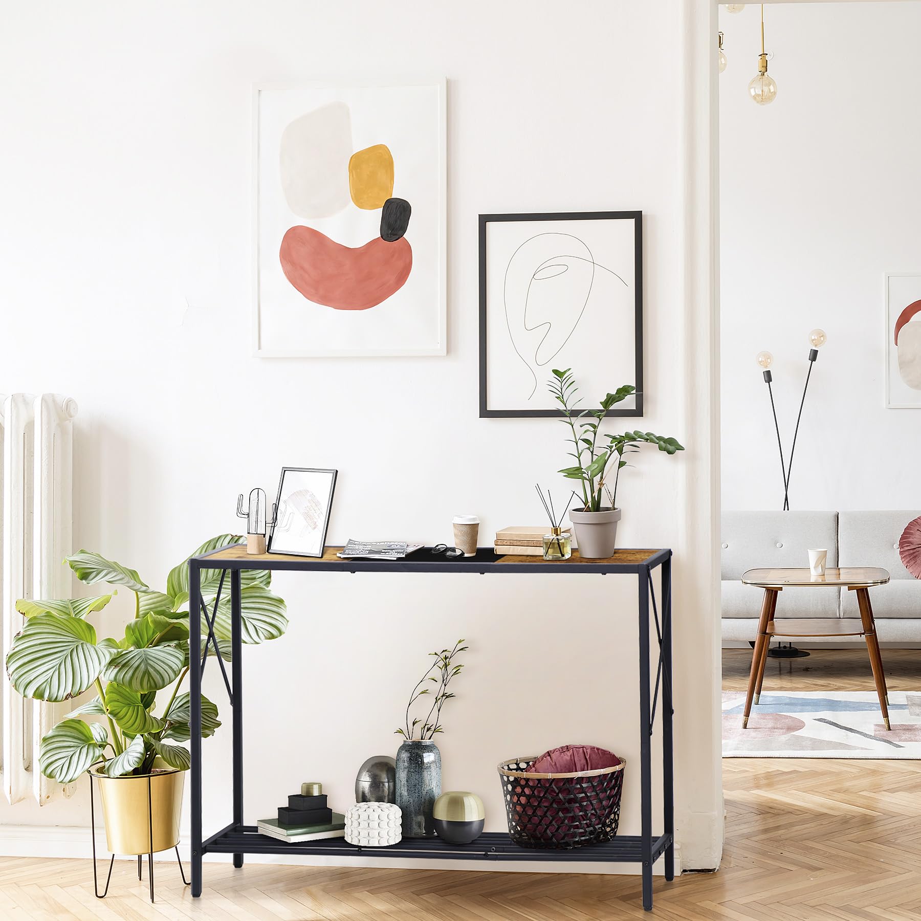 SUPER DEAL 2 Tier Console Table Narrow Entryway Table 41.7" Industrial Sofa Table with Mesh Shelf Slim Side Table for Hallway, Front Hall, Living Room, Heavy Duty Metal Frame