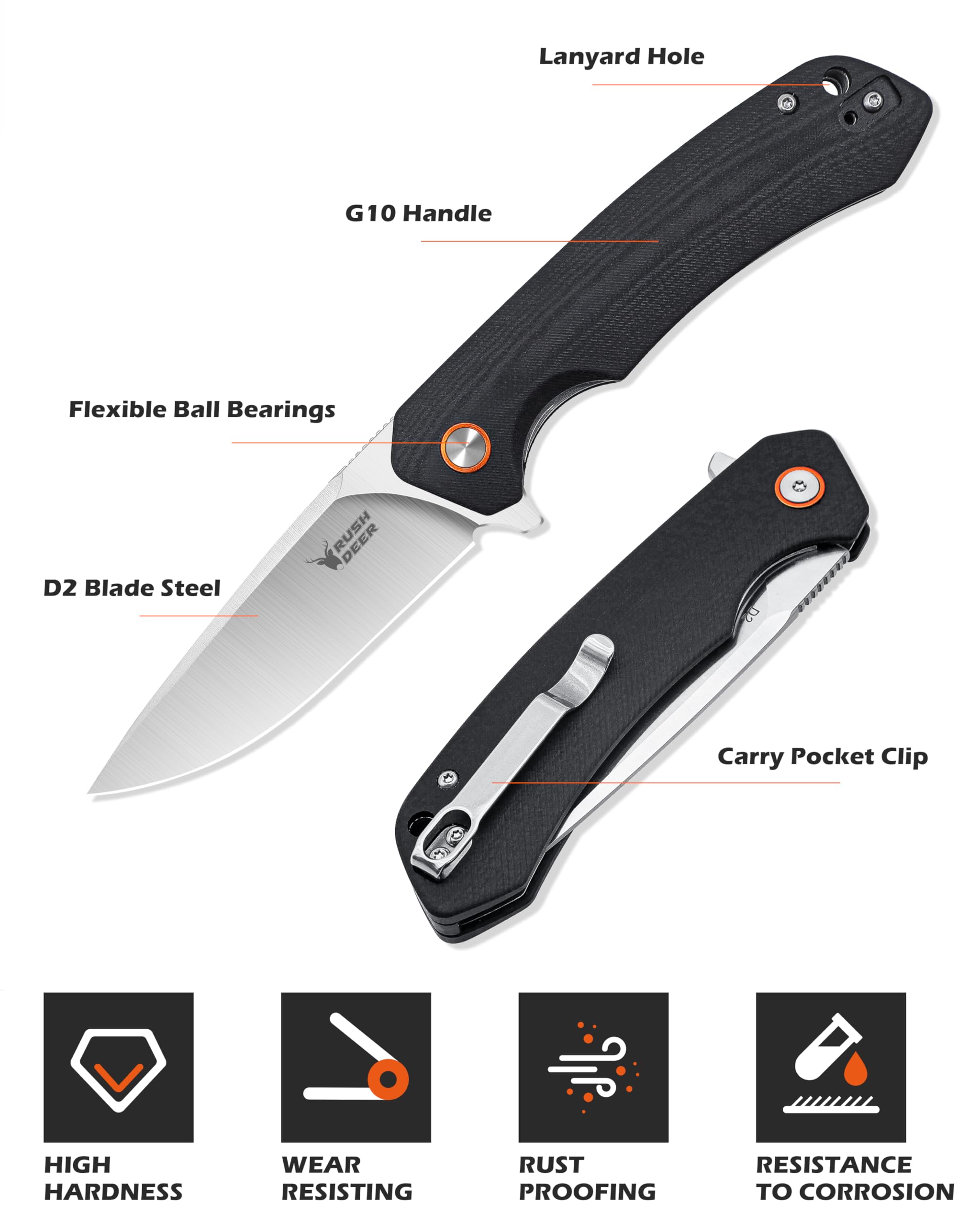 Rush Deer Pocket Knife: Folding Knife with 4" D2 Steel Blade and G10 Handle, EDC Knife with Pocket Clip.Ideal for Camping, Fishing and Survival,Gift for men women