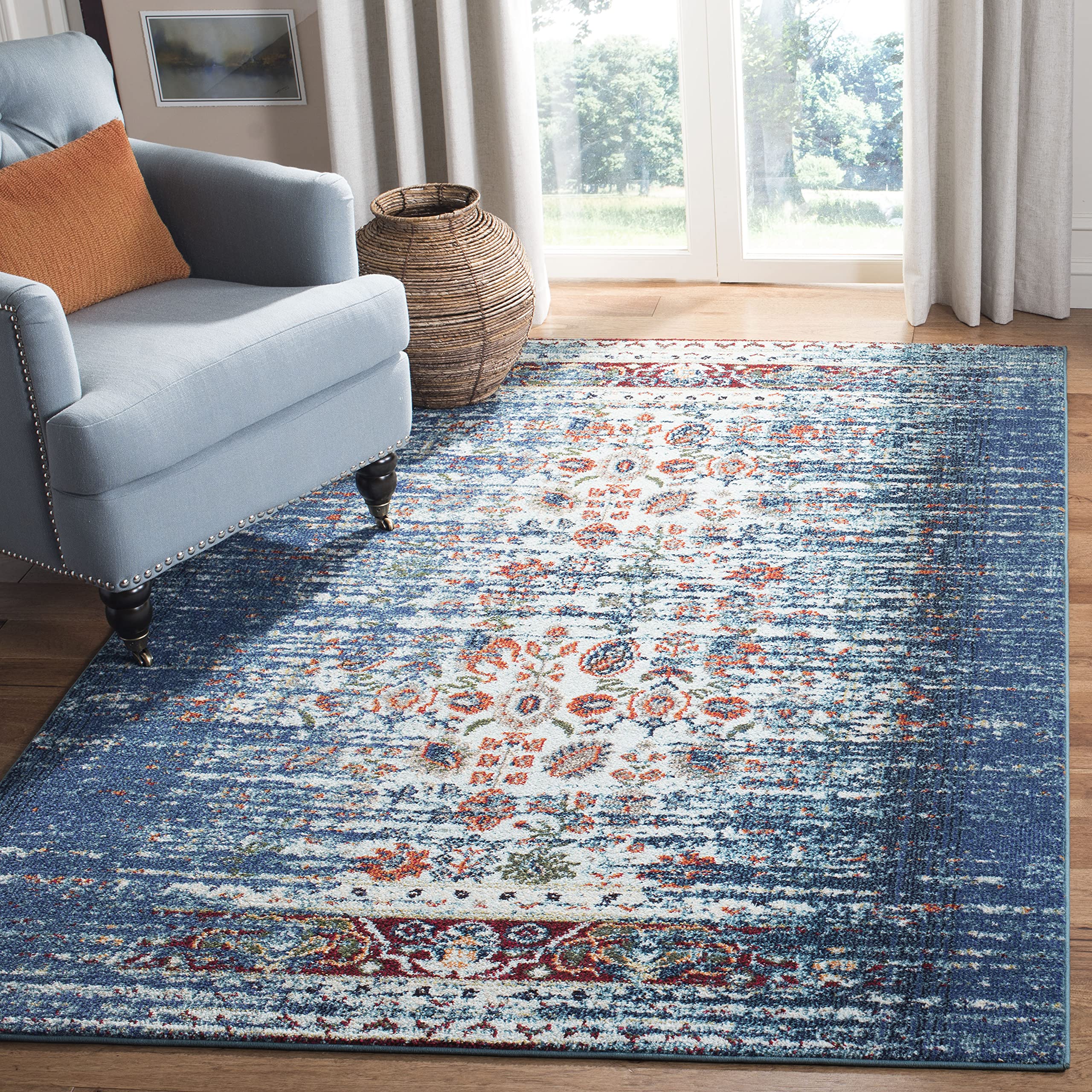 SAFAVIEH Monaco Collection Accent Rug - 3' x 5', Blue & Multi, Boho Abstract Distressed Design, Non-Shedding & Easy Care, Ideal for High Traffic Areas in Entryway, Living Room, Bedroom (MNC208J)