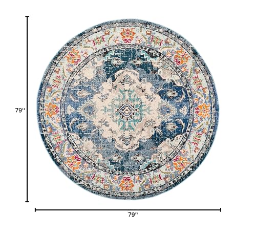 SAFAVIEH Monaco Collection Area Rug - 6'7" Round, Navy & Light Blue, Boho Chic Medallion Distressed Design, Non-Shedding & Easy Care, Ideal for High Traffic Areas in Living Room, Bedroom (MNC243N)