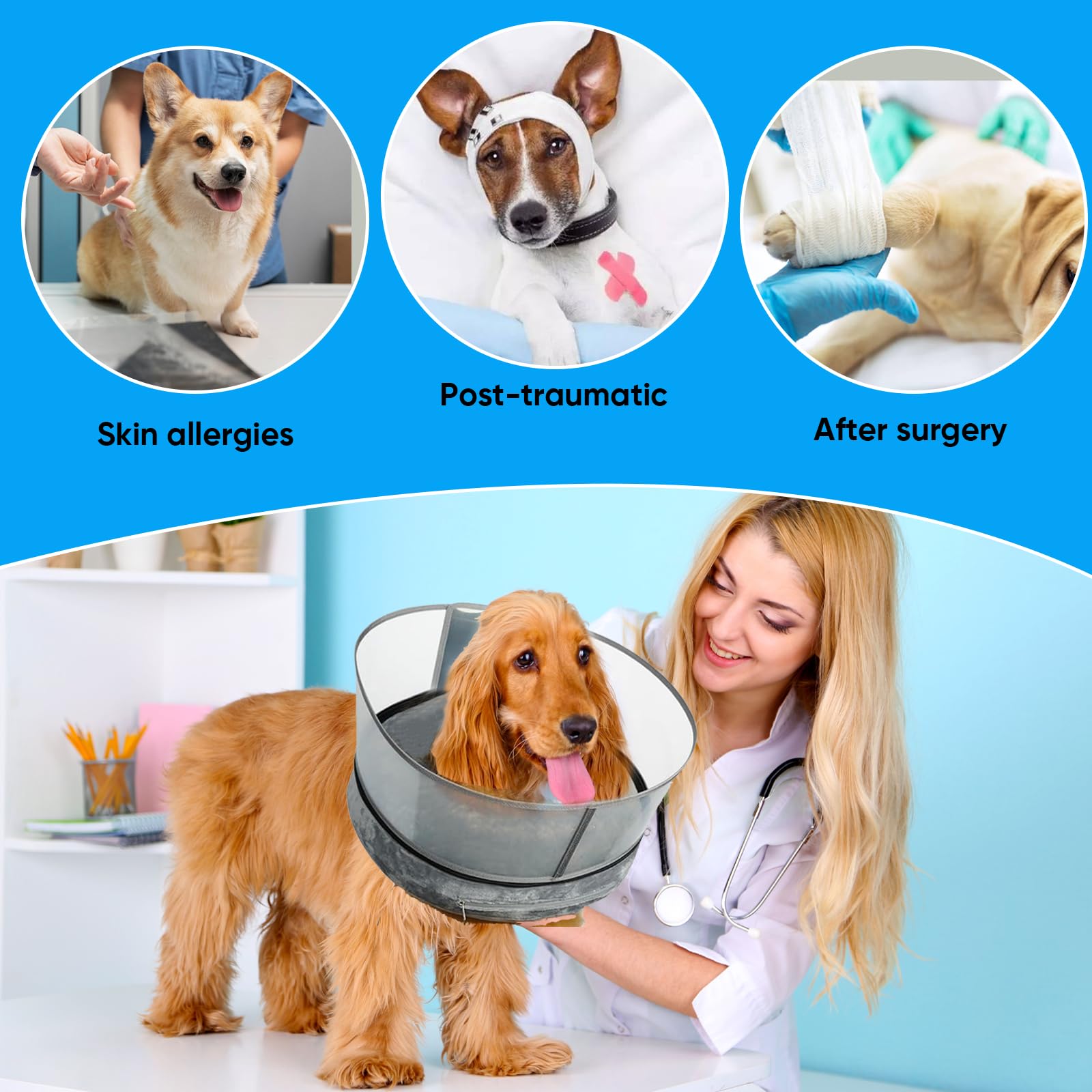 Inflatable Dog Cone Collar ,2-in-1 Inflatable Dog Cone with Detachable Anti-Licking Shield,Soft Cones for Dogs After Surgery,Soft Cone for Dogs Does Not Block Vision. (Grey, XL(Neck:18-22”))