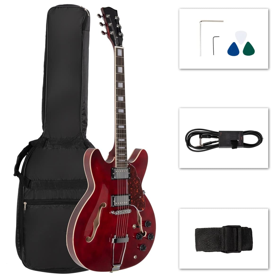 Ktaxon 6 String Electric Guitar, Semi-Hollow Body Full-Size Standard Jazz Electric Guitars Kit with Shoulder Strap, Bag, Cable, Plectrum for Beginner Professional (Wine Red)
