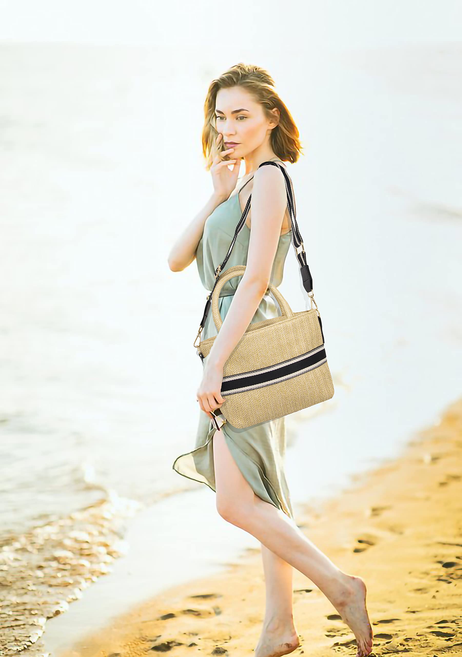 Hibala Straw bag Woven handbag Beach bag Straw purses for women Shoulder bag Summer Beach Tote (Black&White Stripe)