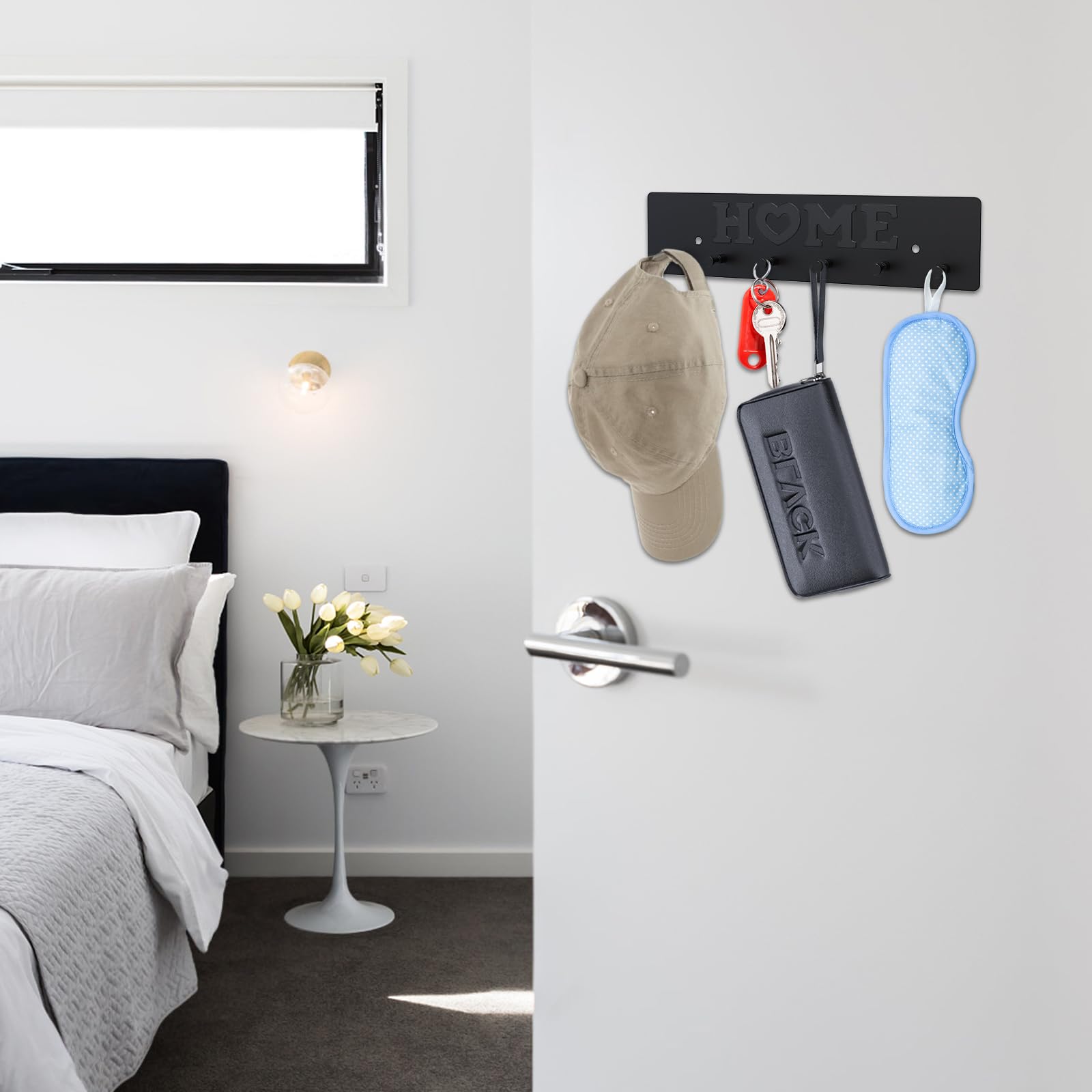 Key Holder Wall Mount, Metal Key Hooks for Wall, Key Hanger with 6 Hooks Keys Rack Organizer Self Adhesive Home Decor for Entryway Front Door Hallway Office, 9.6inch, Matt Black