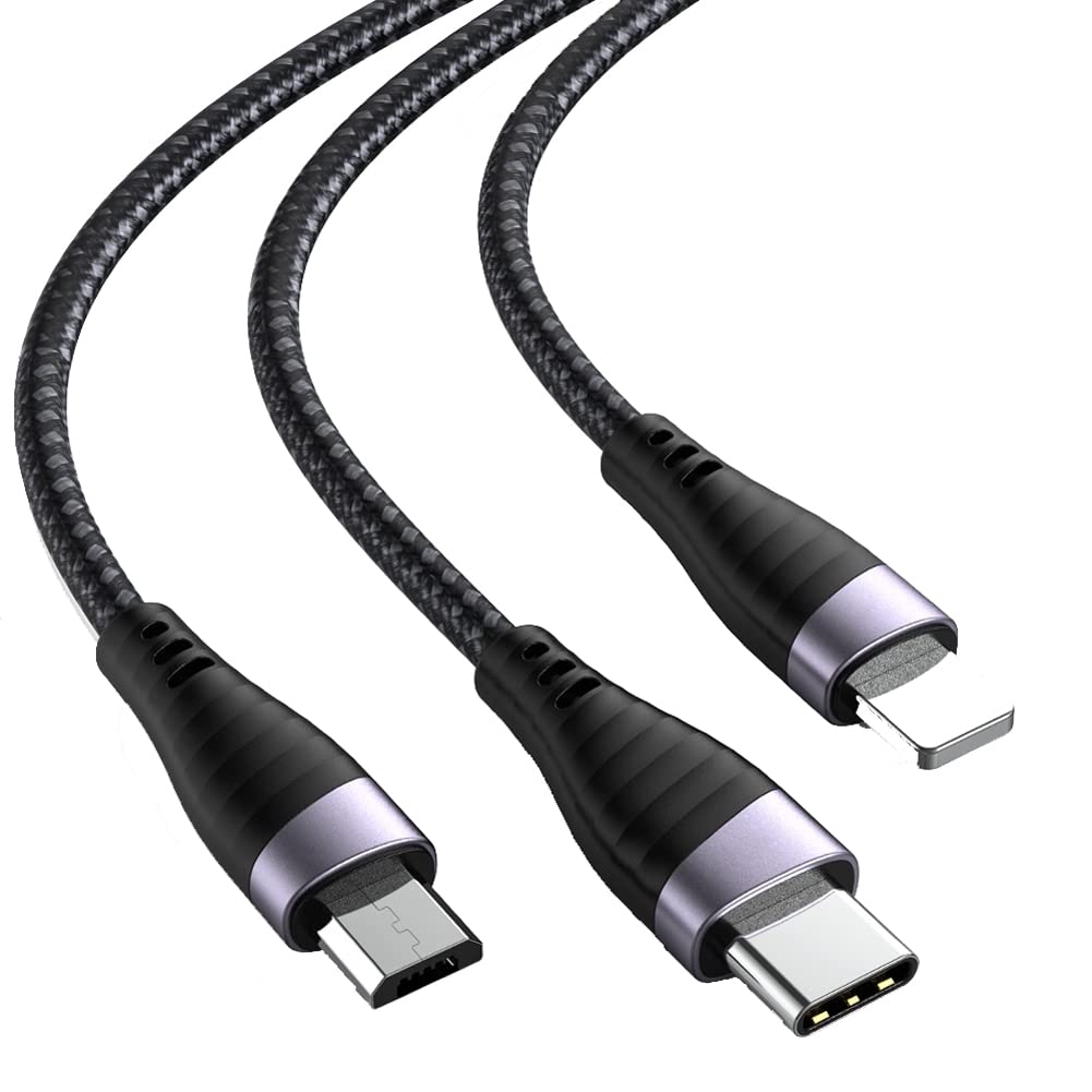 KuGinMa Charging Cable,【2Pack 4FT】 3 in 1 Charging Cable Multiple USB Cord Nylon Braided Charger,Compatible with IP/Type-C/Micro-USB BLACK