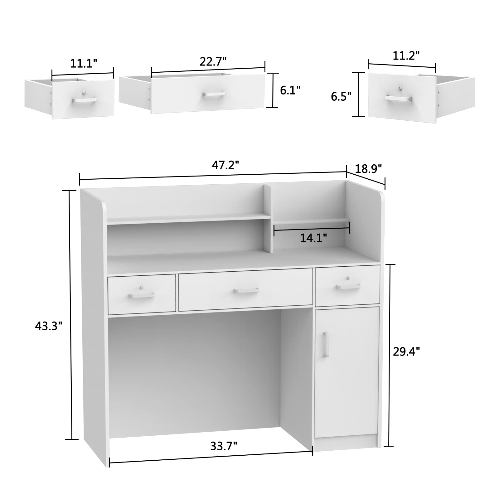 FUFU&GAGA Reception Desk with Counter, 3 Drawers & Storage Shelves, Reception Counter Table with Private Panels, for Salon Reception Room Checkout Office, Black (47.3" W x 18.3" D x 43.3" H)