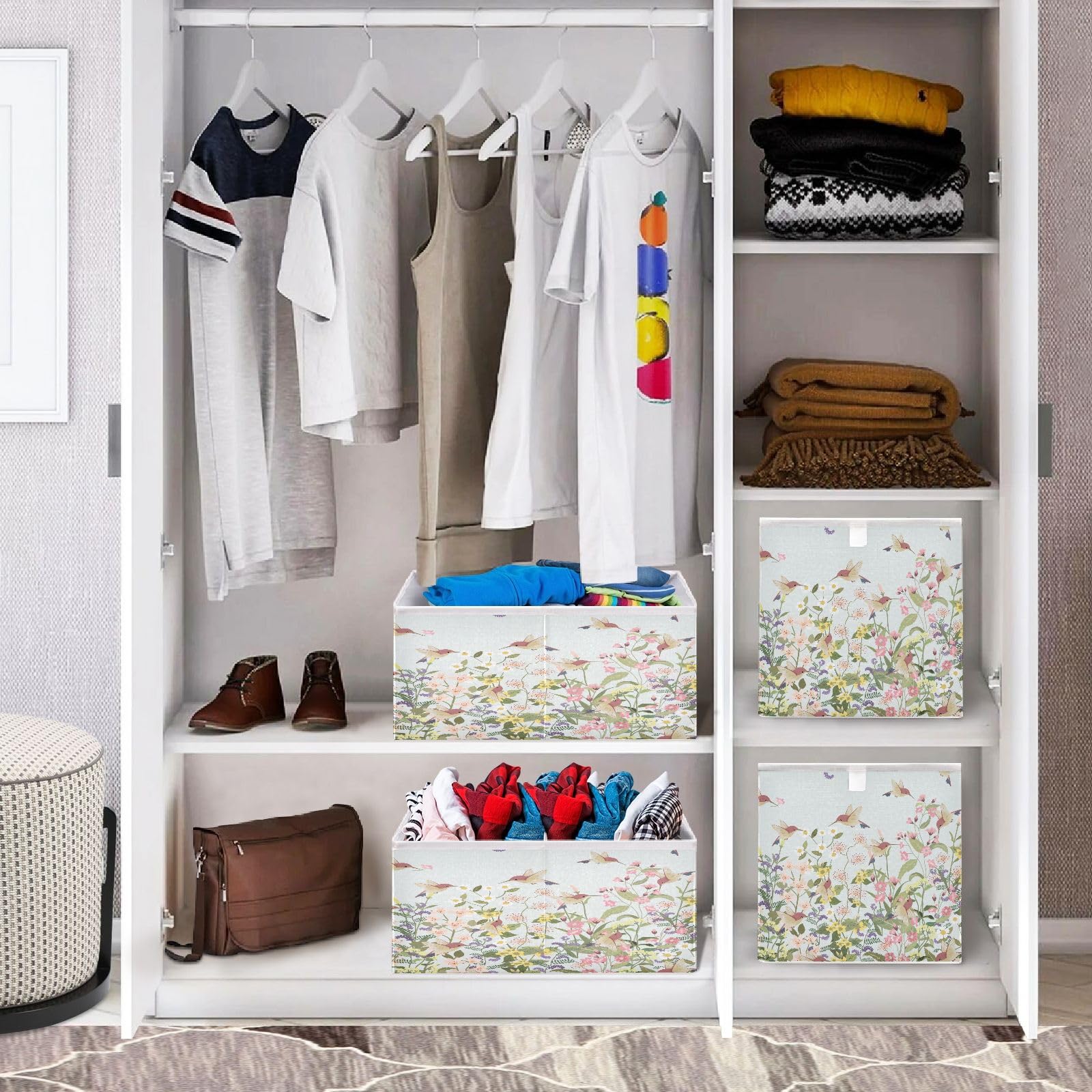 FUGIDOG 11x11x11 inch Fabric Storage Bins Flowers Hummingbirds Foldable Storage Cubes Baskets with Handles Clothes Toys Storage Box for Nursery Closet Shelves Organizer