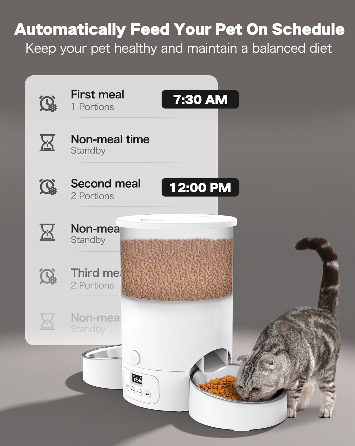SURDY Automatic Cat Feeder for 2 Cats, 3L Cat Food Dispenser Auto Cat Feeder with 2 Stainless Bowls, 10s Meal Call Dual Power Supply and Timer Setting 12 Portions 6 Meals Per Day for Cats (White, 3L)
