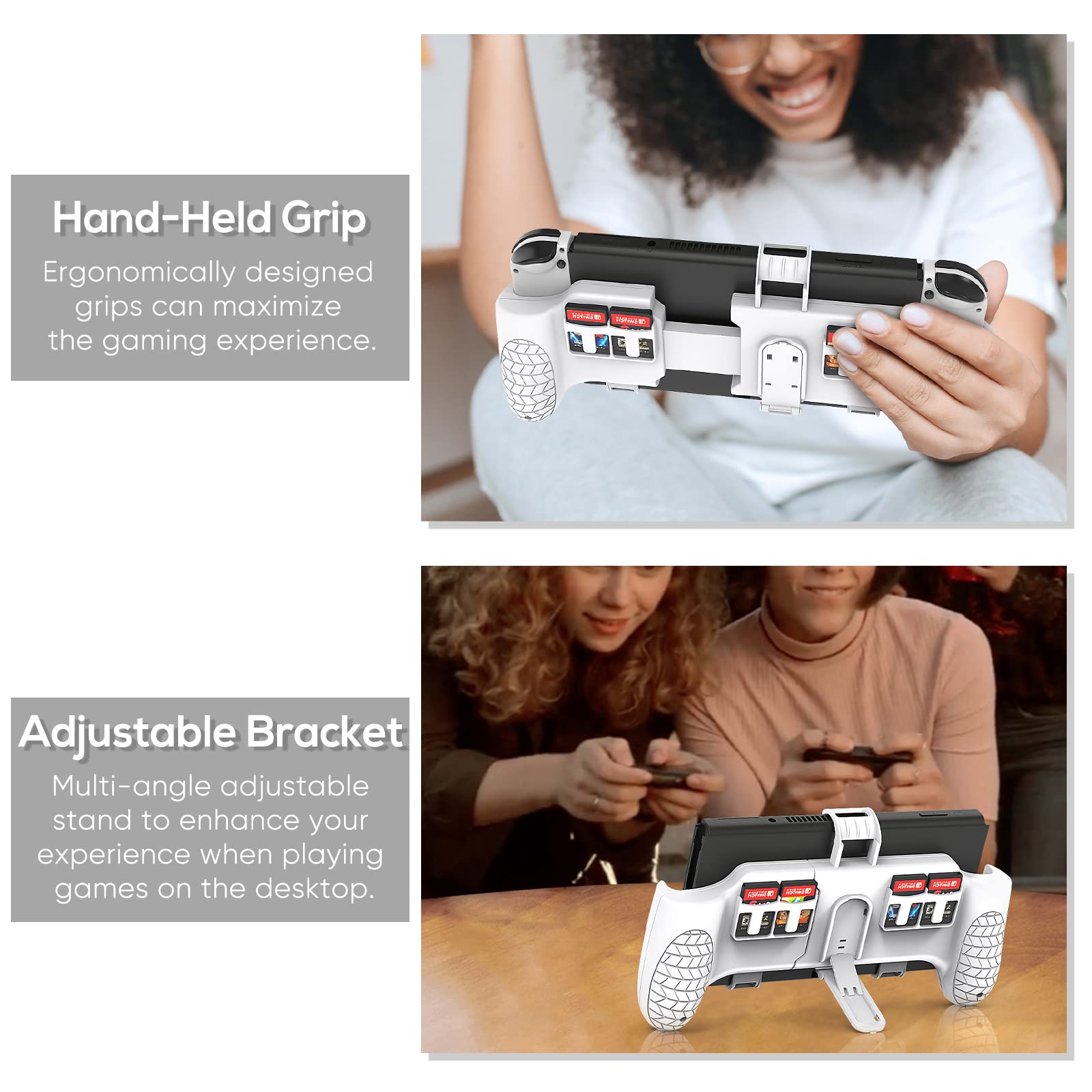 Grip Case for Nintendo Switch OLED/Switch/Switch Lite, MENEEA Hand Grip Stand with Adjustable Stand& 8 Thumb Grips Caps+ 4 Game Card Slots, Anti-Scratch& Ergonomic Accessories for Gamers(White)