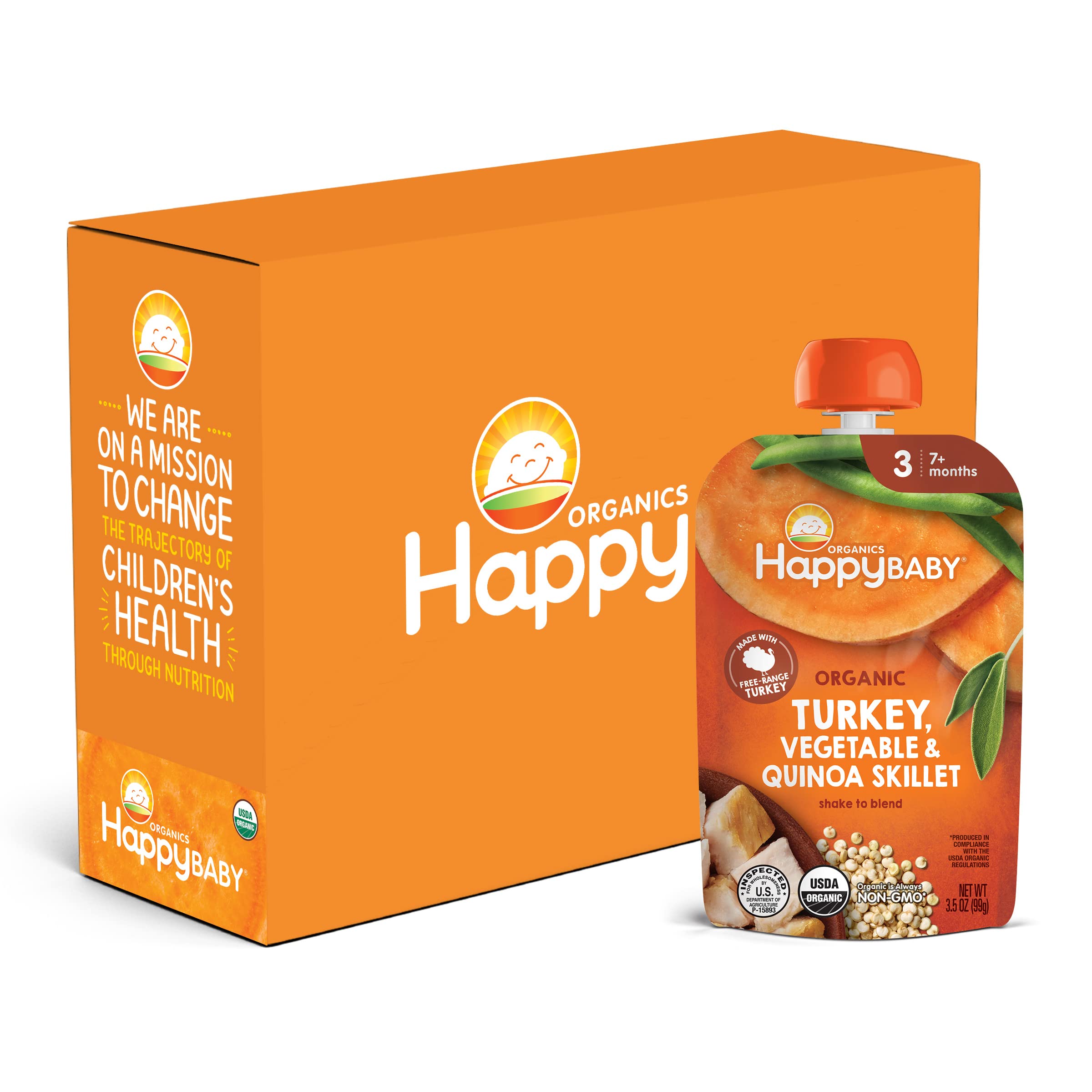 Happy Baby Organics Savory Blends Stage 3 Baby Food Puree, Free-Range Turkey, Harvest Vegetables & Quinoa Skillet, 3.5 Ounce (Pack of 16)