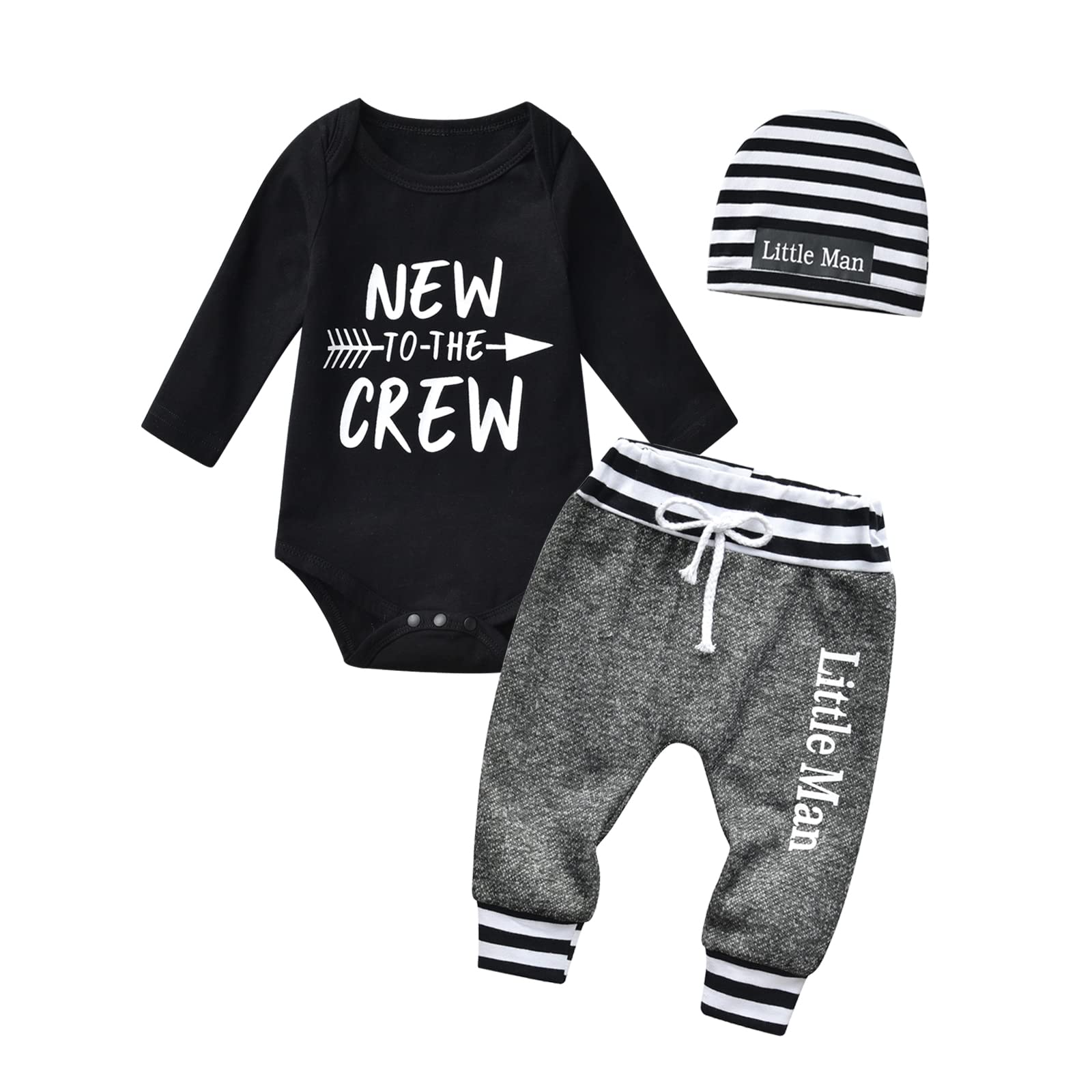 Kulcerry Infant Baby Boy Clothes New to The Crew Letter Print Long Sleeve Romper + Pants + Hat 3PCS Outfits Set(Black, 0-3 Months