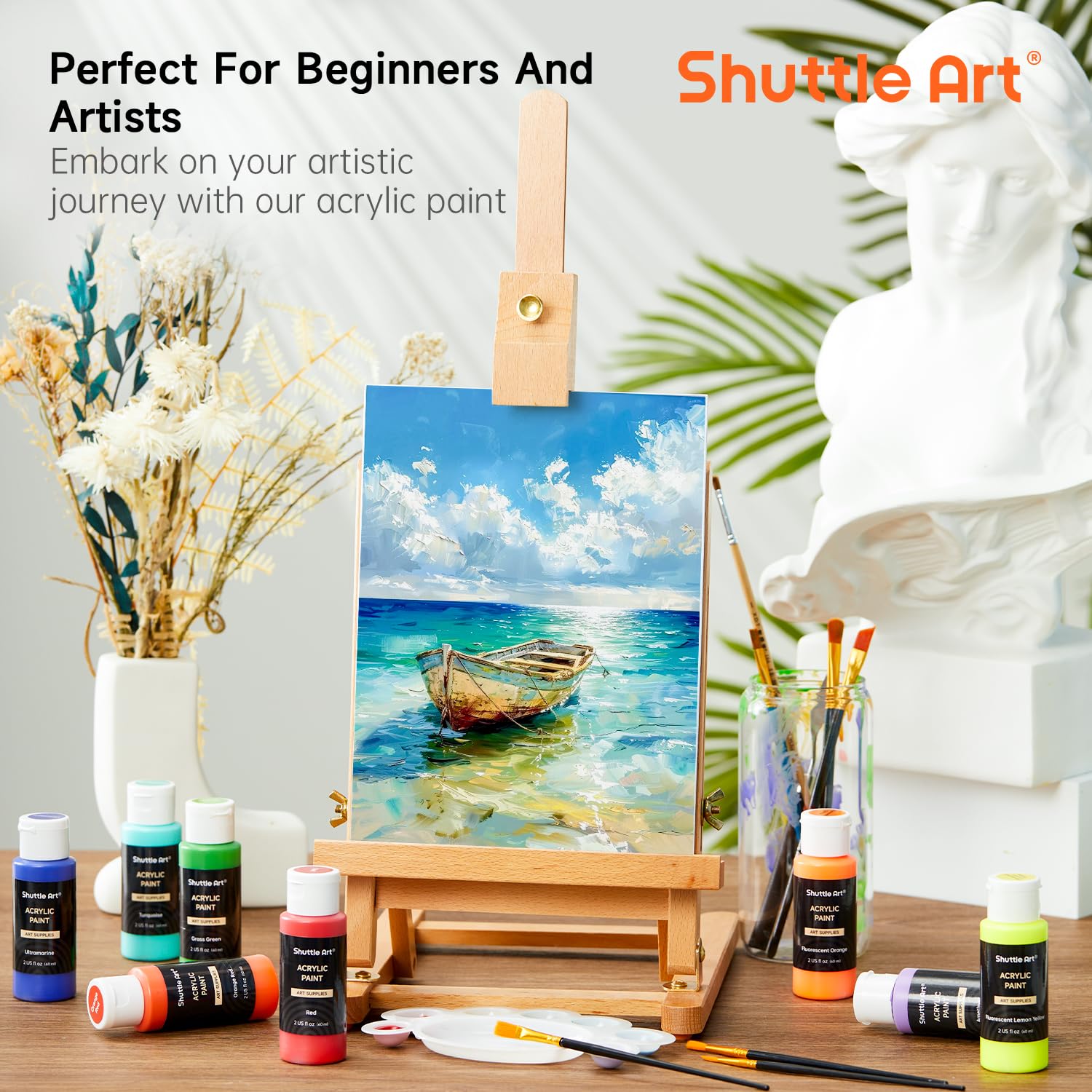 Shuttle Art 25 Colors Acrylic Paint Set, 2oz/60ml Bottles, Rich Pigmented Acrylic Paints for Artists, Beginners, Kids, Painting on Canvas Rocks Wood