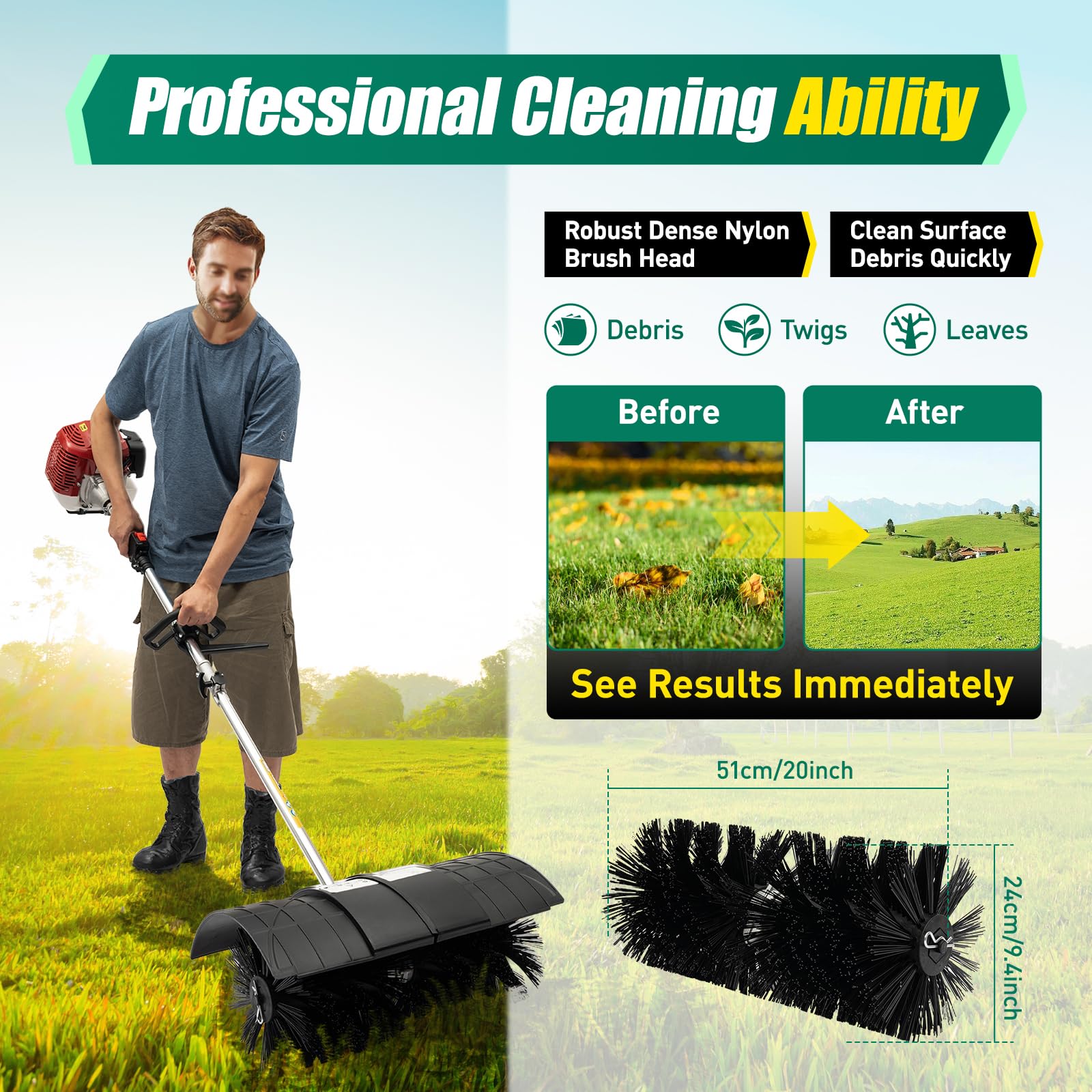 Leweiiq Hand Held Gas Power Broom, 1700W 2.3HP Gasoline Power Broom Walk Behind Sweeper, 52CC Artificial Grass Sweeping Cleaner Driveway