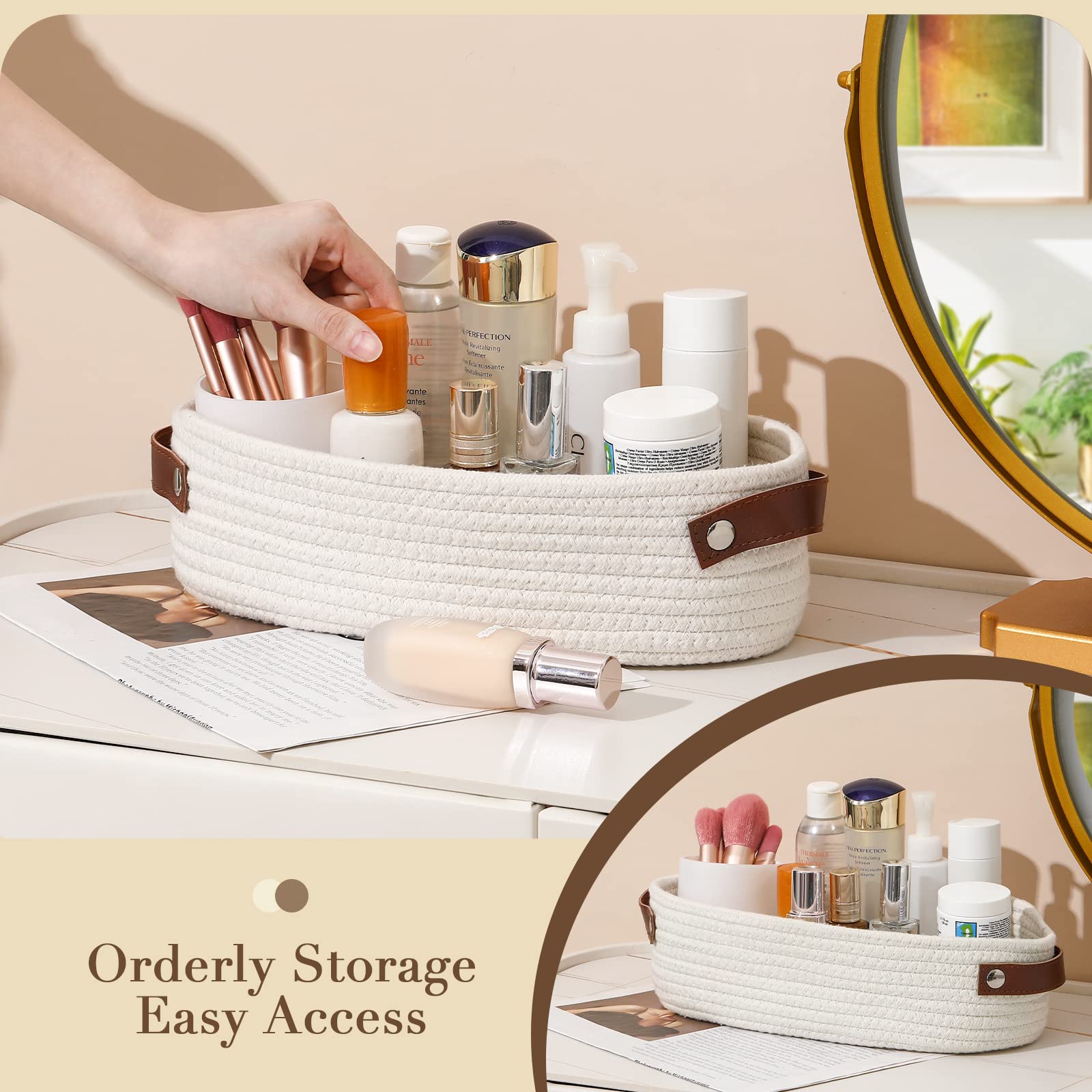 Lewondr Woven Cotton Rope Basket with Leather Handles, White, 12.99 x 5.91 x 3.94 inches