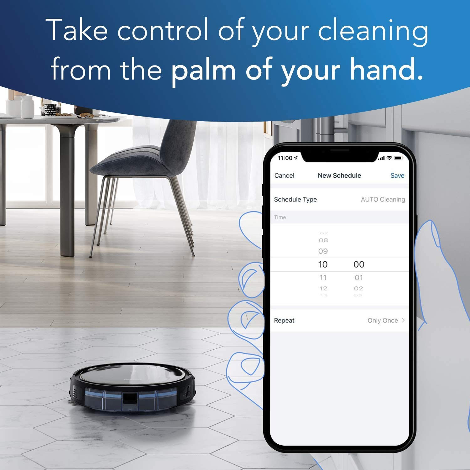 Ecovacs DEEBOT 500 Robot Vacuum Cleaner with Max Power Suction, Up to 110 min Runtime, Hard Floors and Carpets, Pet Hair, App Controls, Self-Charging, Quiet, Large, Black (Renewed)