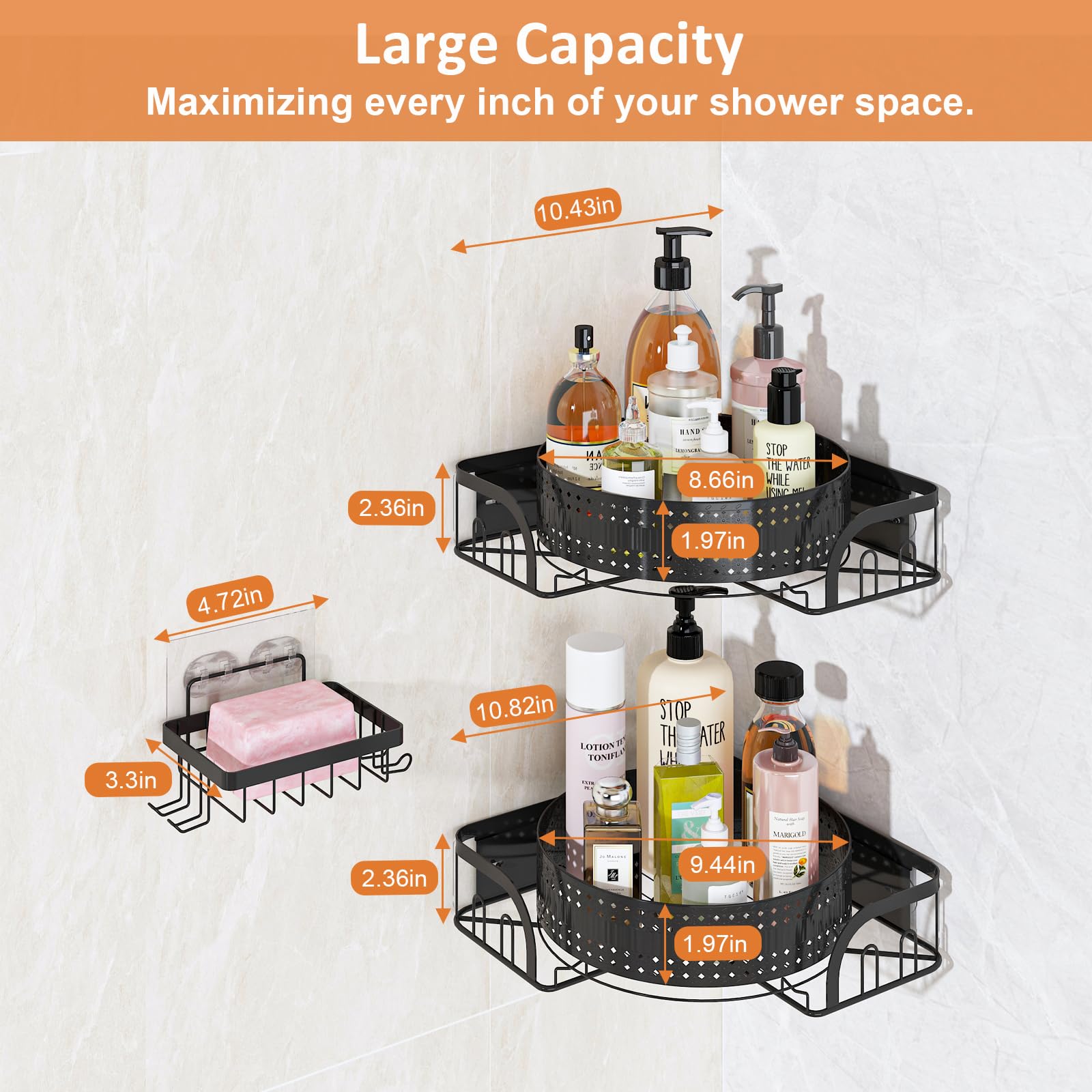 NADAMOO Rotating Corner Shower Caddy, 2 Pack 360° Rotate Turntable Shower Organizer Shelf with Soap Holder,Adhesive Stainless Steel Storage Rack for Bathroom and Kitchen