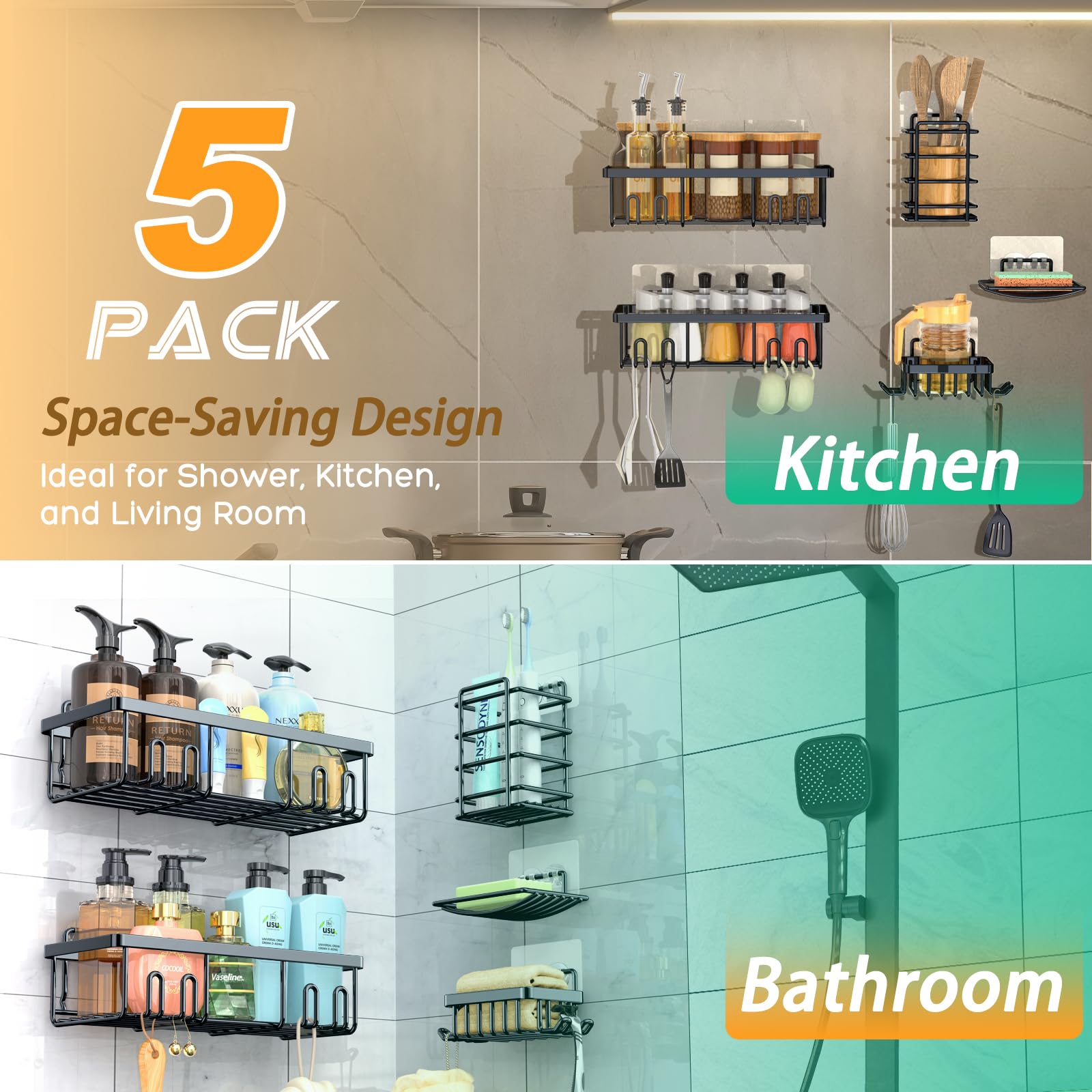 Shower Caddy 5 Pack, Adhesive Shower Organizer for Bathroom & Home & Kitchen, Rustproof Stainless Steel Shower Shelves with Hooks, No Drill, Large Capacity, Bathroom Organizer for Inside Shower