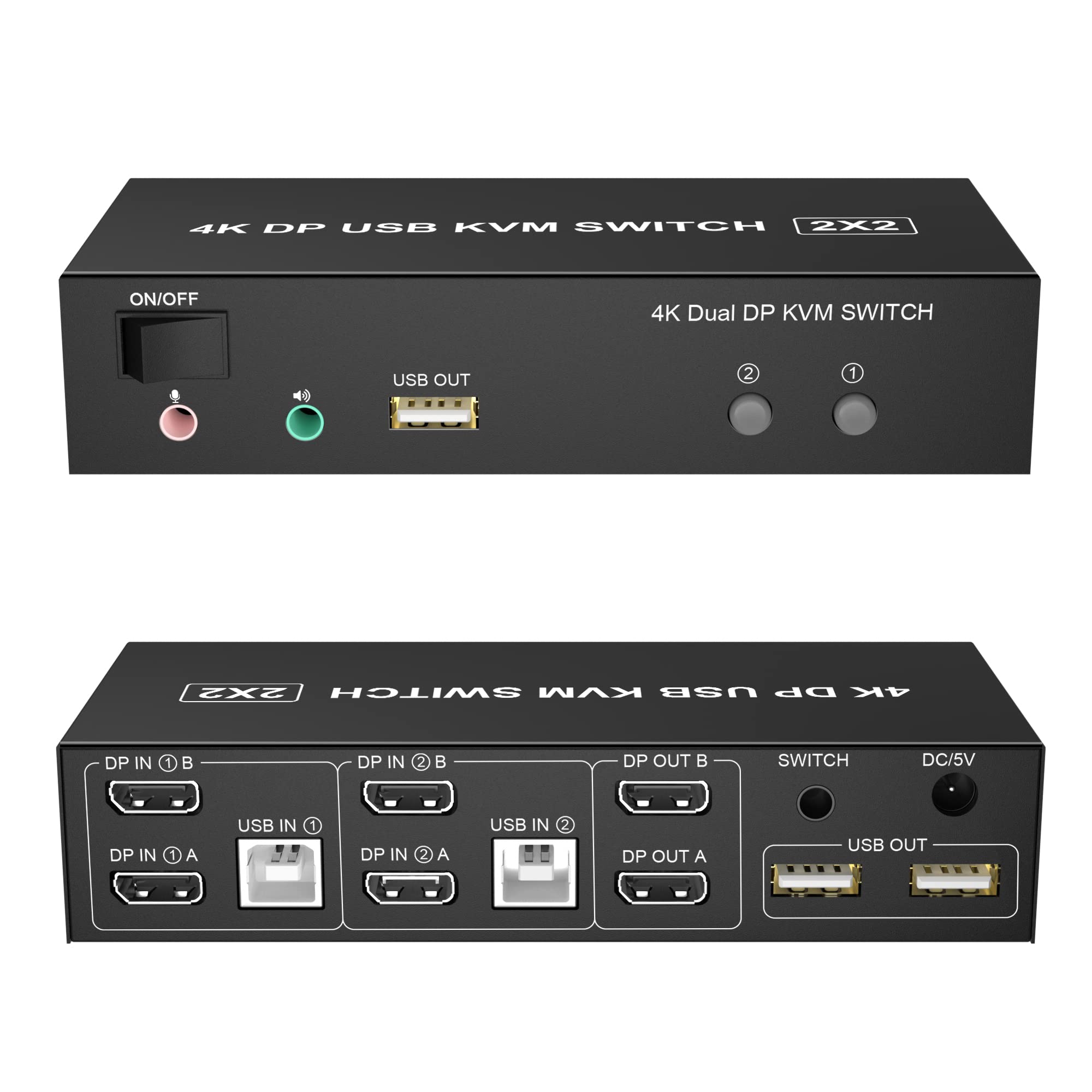 KVM Switch Dual Monitor DisplayPort 4K@60Hz Extended Display, Displayport 1.2 KVM Switch 2 in 2 Out with Audio Microphone Output and 3 USB 2.0 Hub 2 Monitors 2 Computers kvm Switch